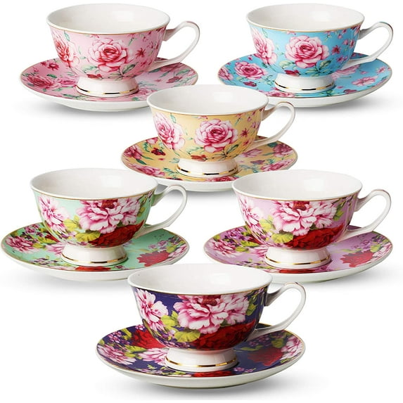 Tea Cup and Saucer Set of 6 (12 pieces), Floral Tea Cups, 8 Oz.Bone China Porcelain - Walmart.com