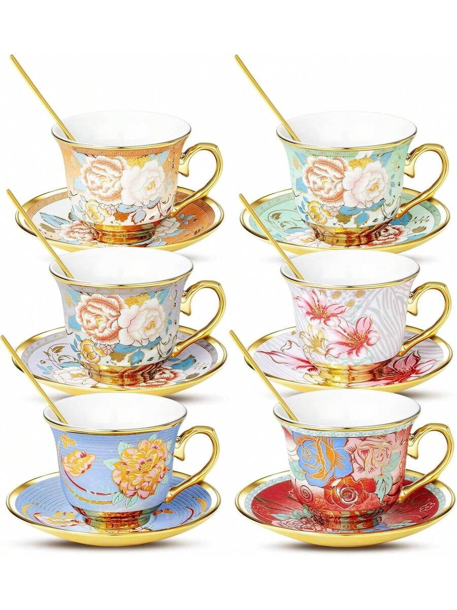 Tea Cups And Saucers, Tea Cup Set Of 6, 8 OZ Floral Cups Porcelain Cup ...