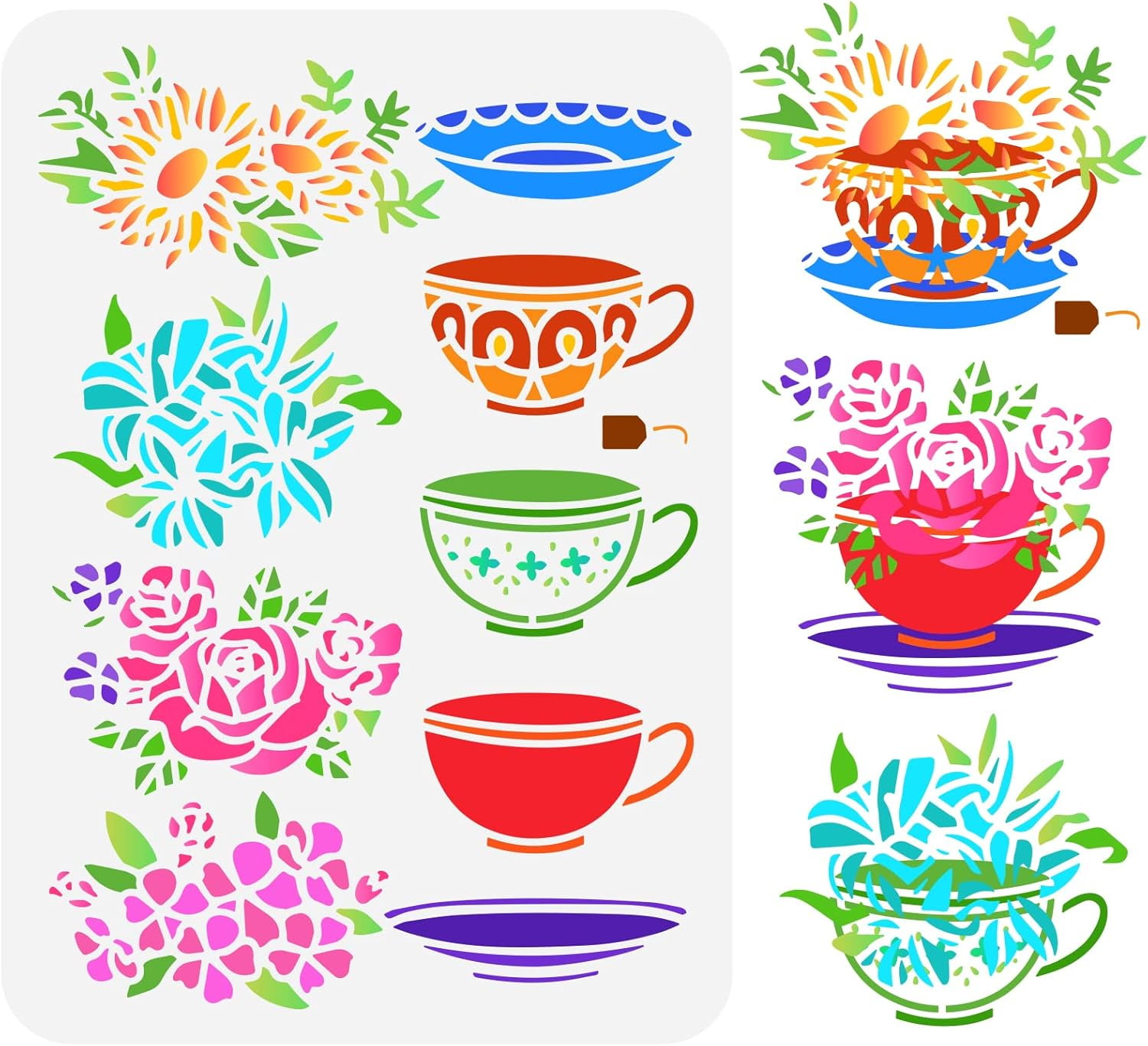 Tea Cups Flowers Painting Stencil 8.3x11.7inch Reusable Afternoon ...