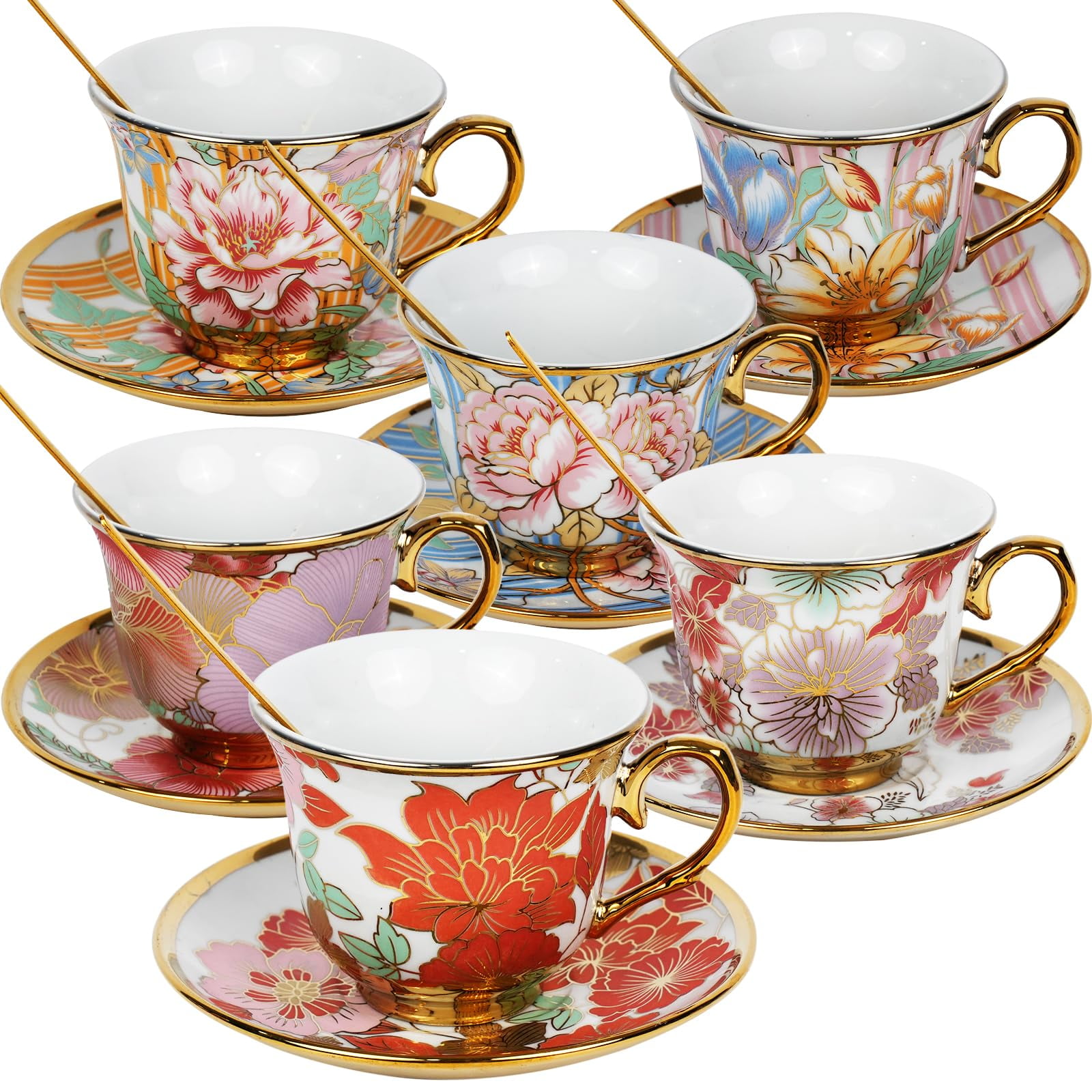 Tea Cups and Saucers Set of 6, 8 OZ Ceramic Tea Cups with Saucers ...