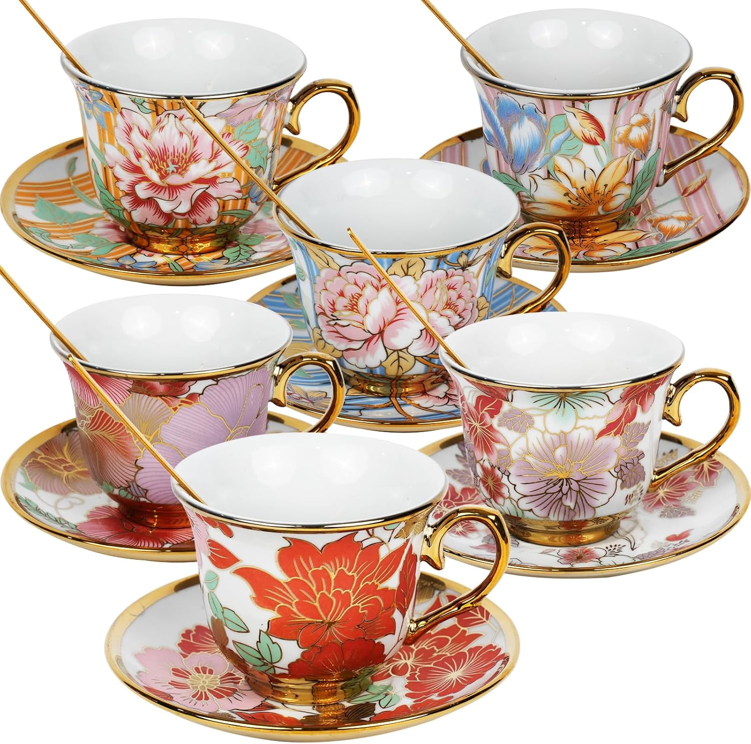 Tea Cups and Saucers Set of 6, 8 OZ Ceramic Tea Cups with Saucers ...