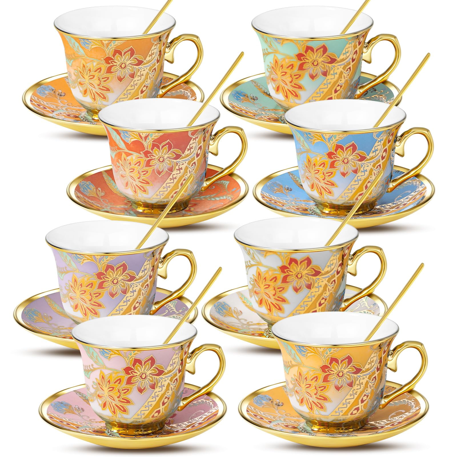 Tea Cups and Saucers Set of 8, 8 OZ Floral Tea Cup with Saucer, Vintage ...