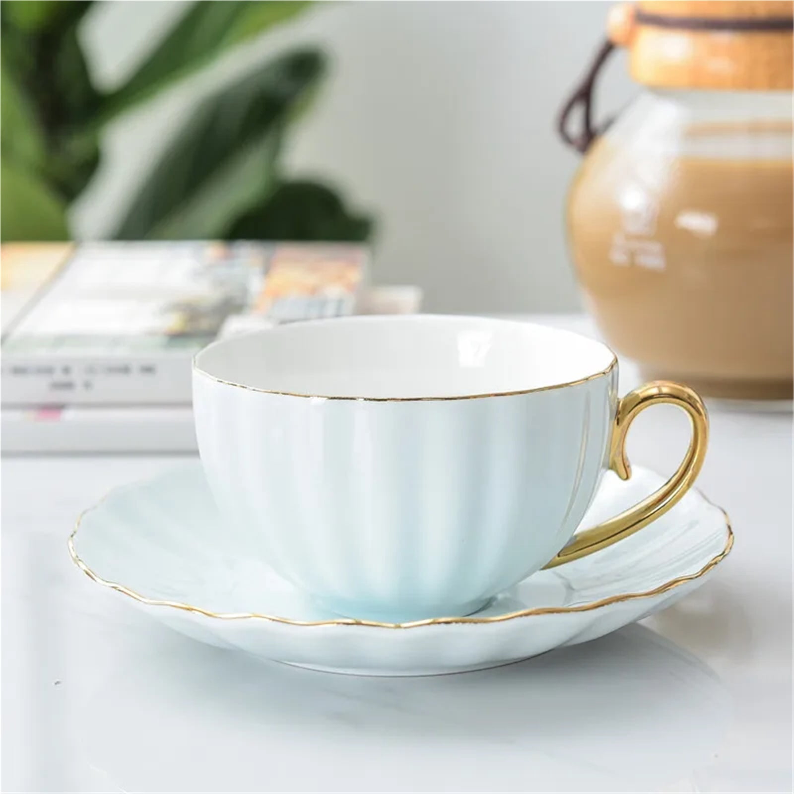 Tea Cups and Saucers Set, Tea Cups Sets with Golden Spoon, Porcelain ...