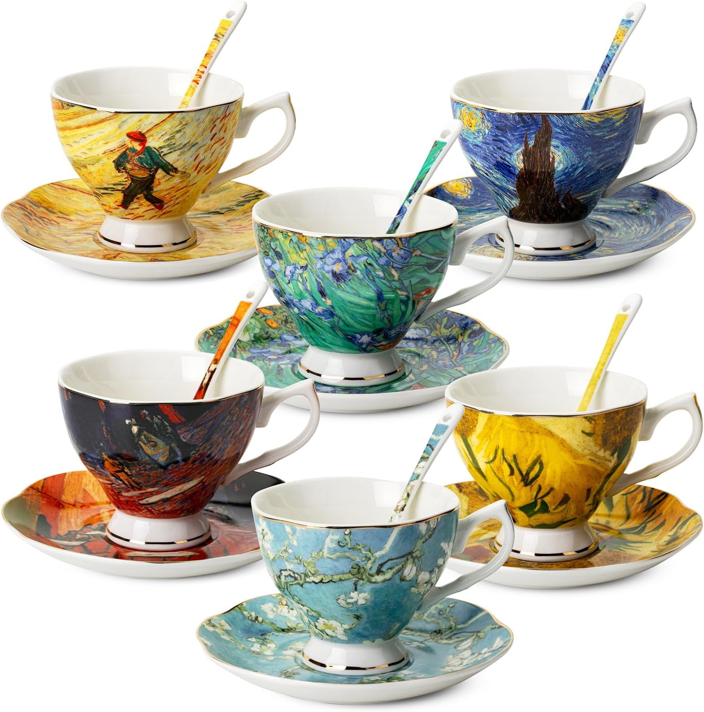 Tea Cups and Saucers Set of 6, Floral (8oz) Porcelain Cups for Tea ...