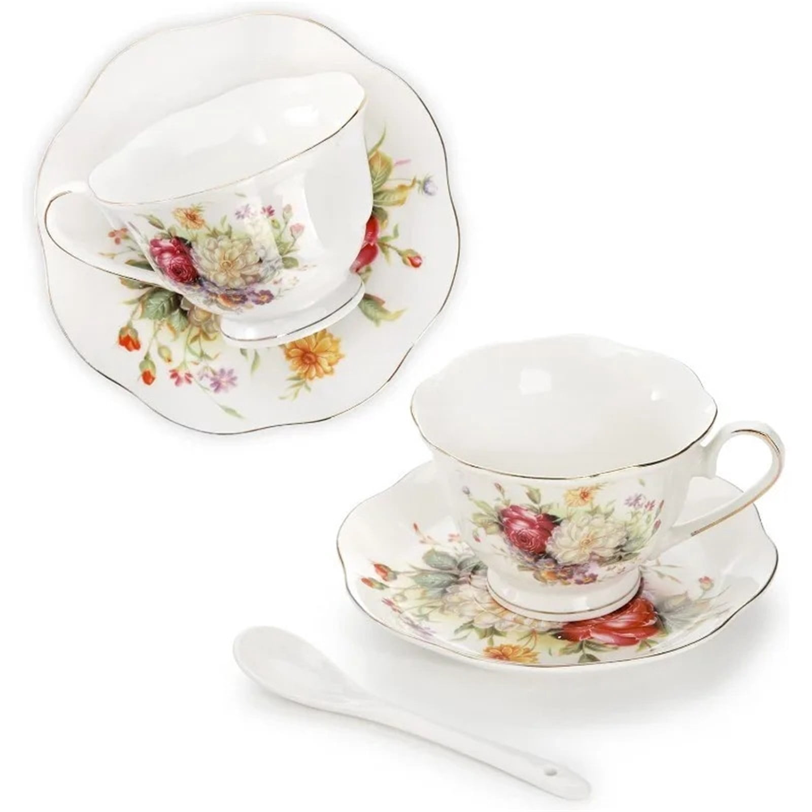 Tea Cups and Saucers Set of 6, Floral Tea Cup Set with Gold Trim, 6 oz ...
