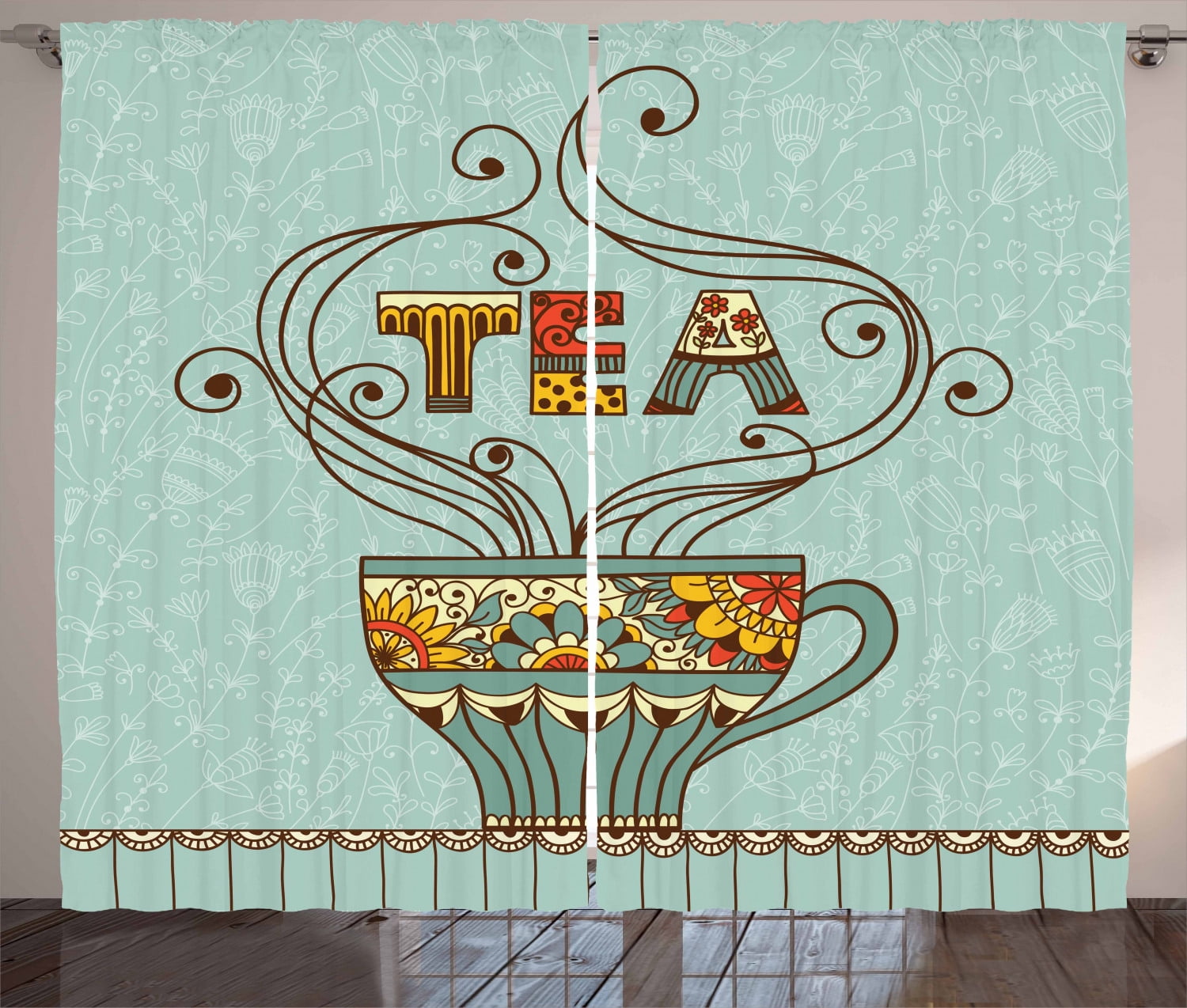Tea Curtains 2 Panels Set, Aromatic Beverage Drink Cup with Blossom ...
