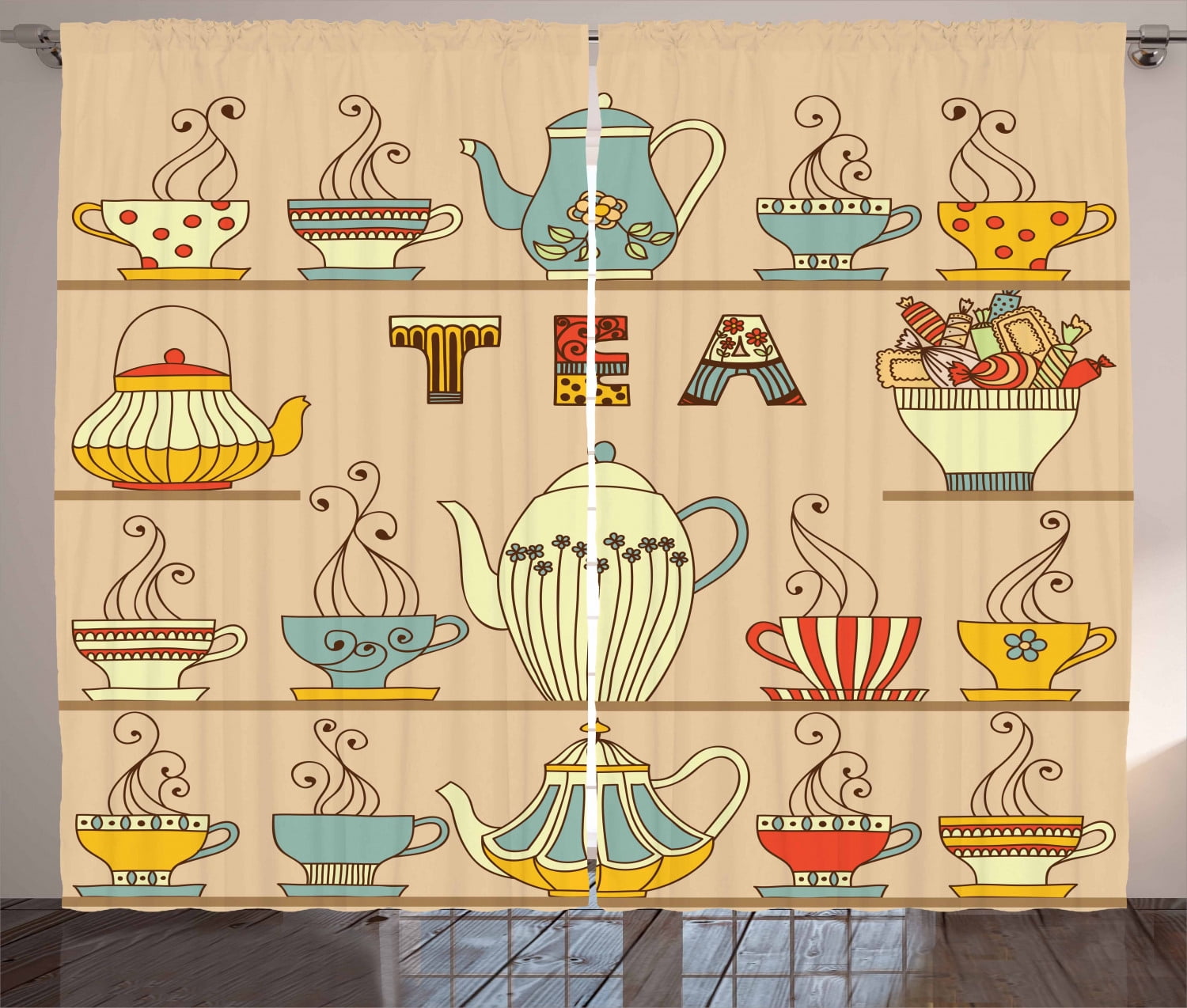 Ambesonne Tea Curtains 2 Panel Set, Colorful Retro Ornament Text, 108 ...