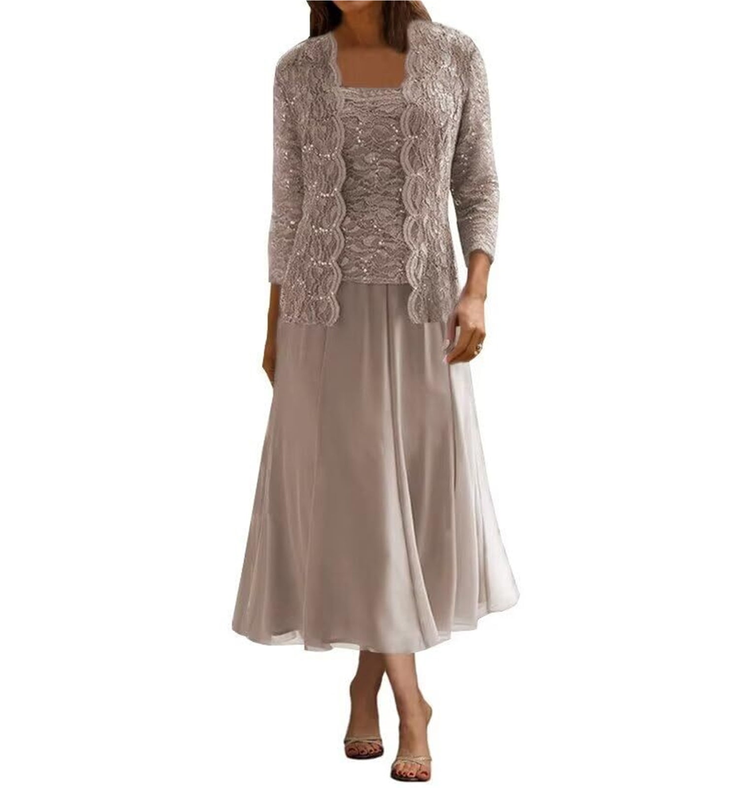 Tea Length Mother of The Bride Dresses 2 Piece Chiffon Laces Mother of ...