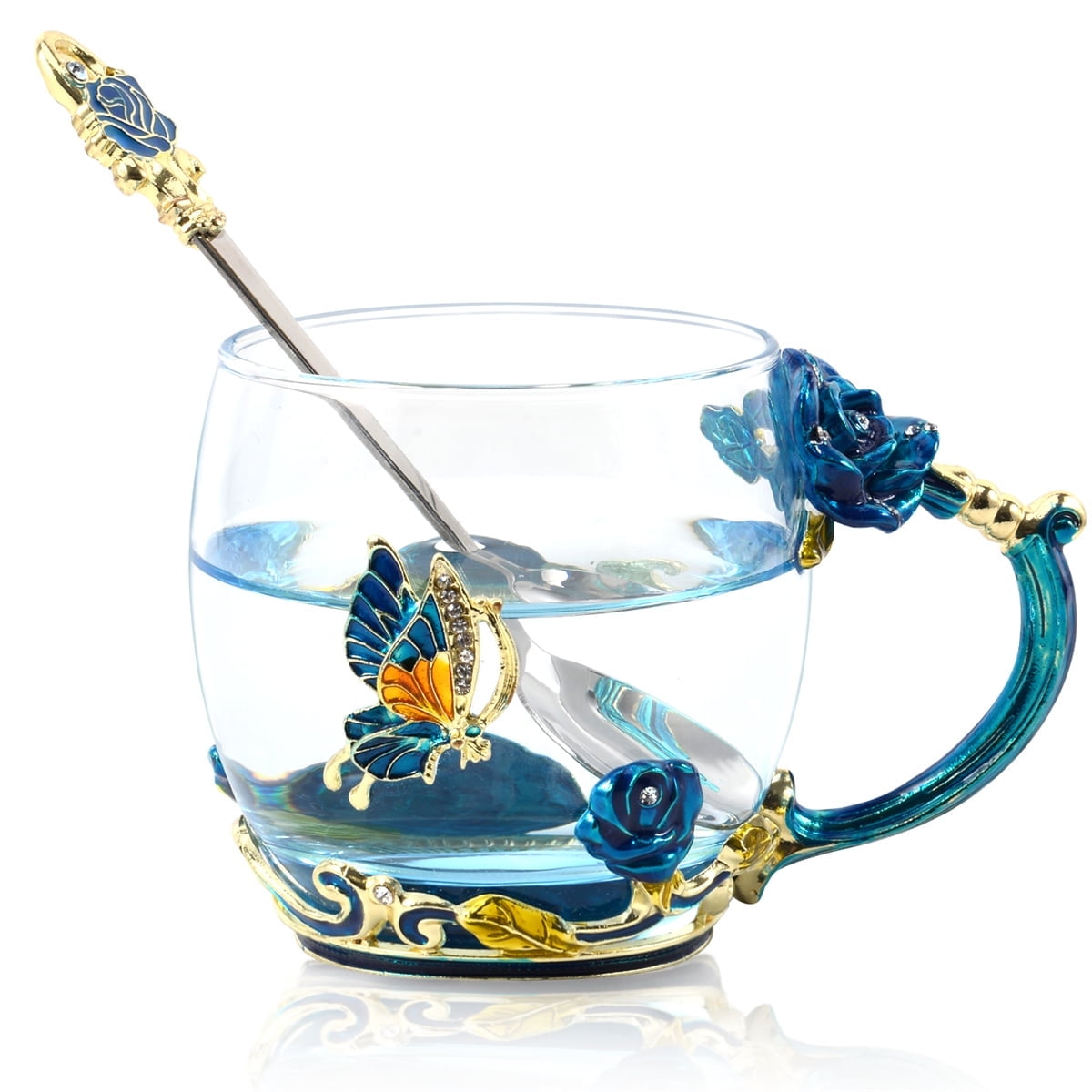 WOBOX Handmade Enamel Flower Butterfly Glass Tea Mug with Spoon Set for ...