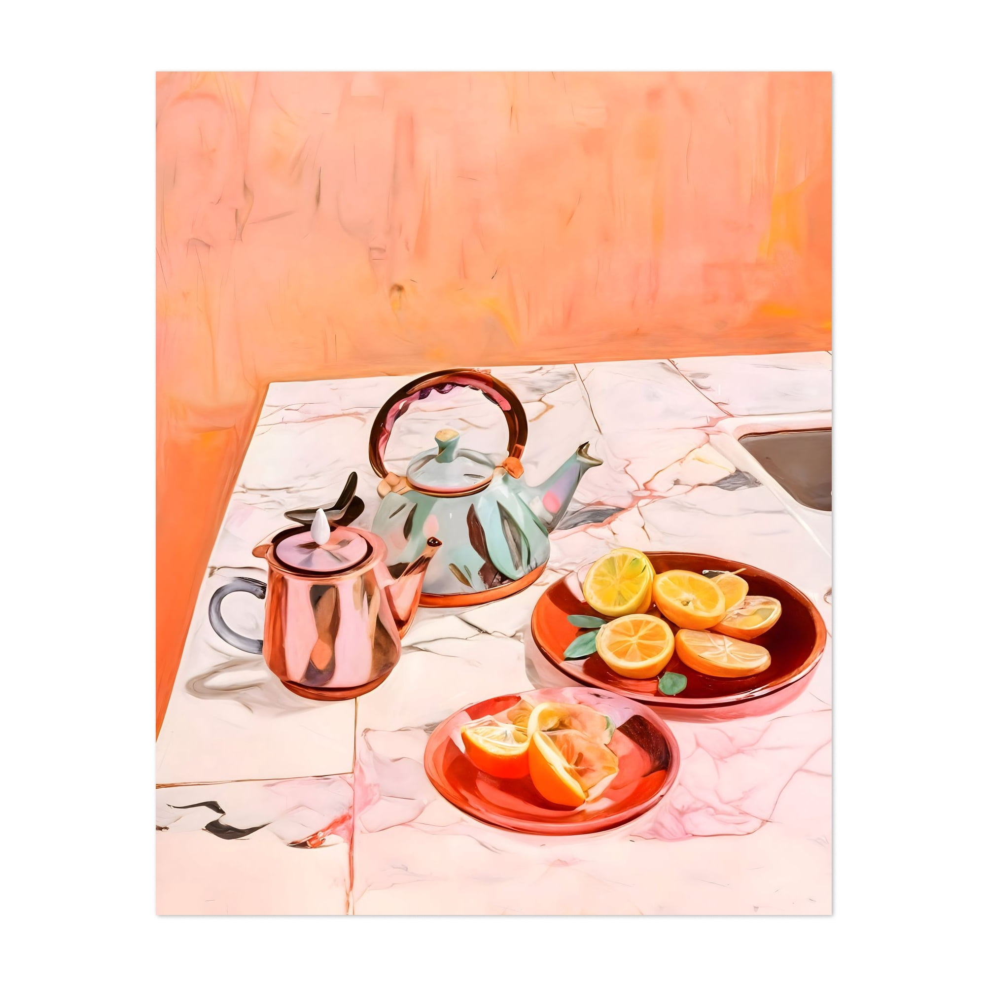 Tea & Oranges at Four - Illustration Modern Art Kitchen Decor Fruit ...