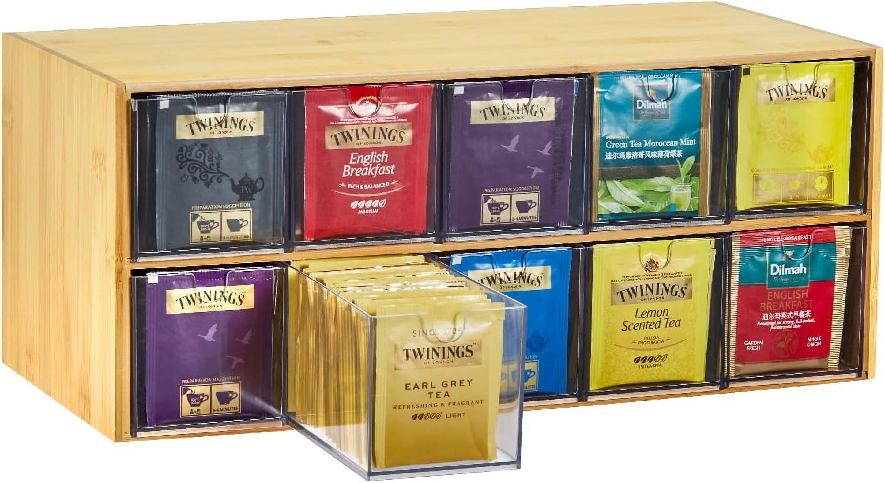Tea Organizer - Bamboo & Acrylic 3-Layer Tea Bag Holder with Drawer ...