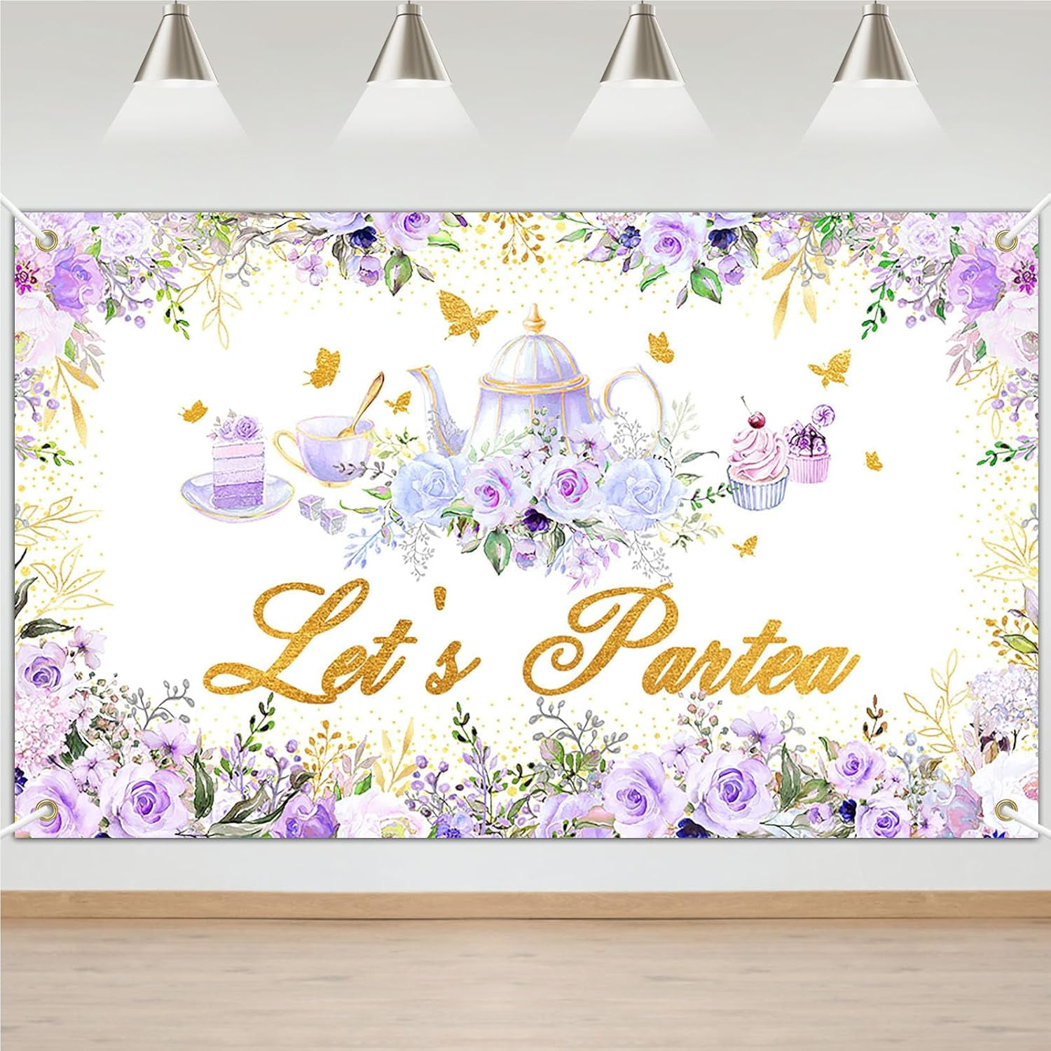 Tea Party Backdrop Floral Butterfly Glitter Let's Partea Banner ...