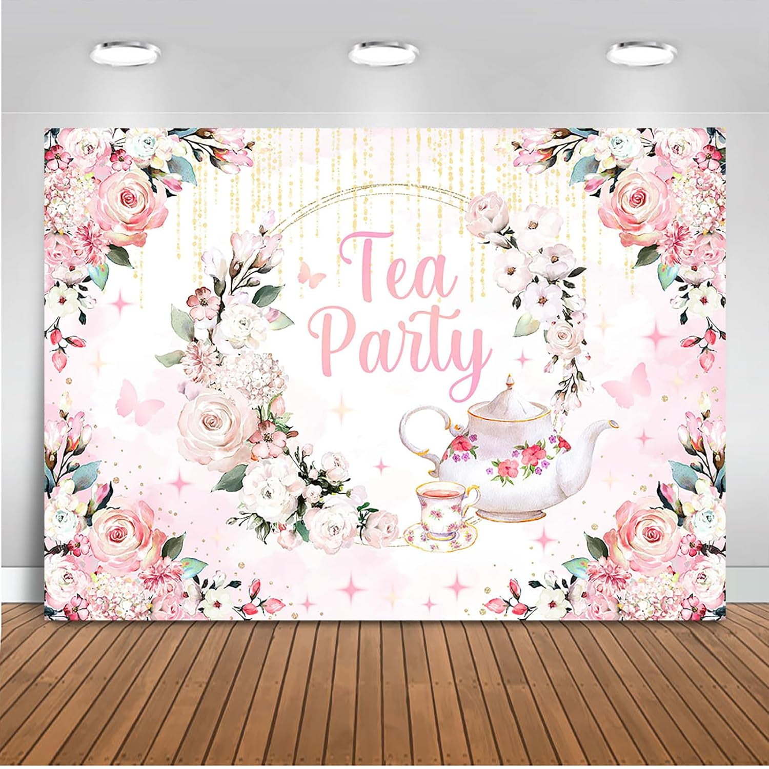 Tea Party Backdrop Let's Partea Pink Floral Birthday Baby Shower Photo ...