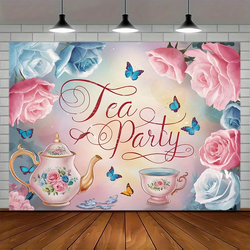 Tea Party Backdrop Let's Partea Wonderland Pink Blue Floral Birthday ...