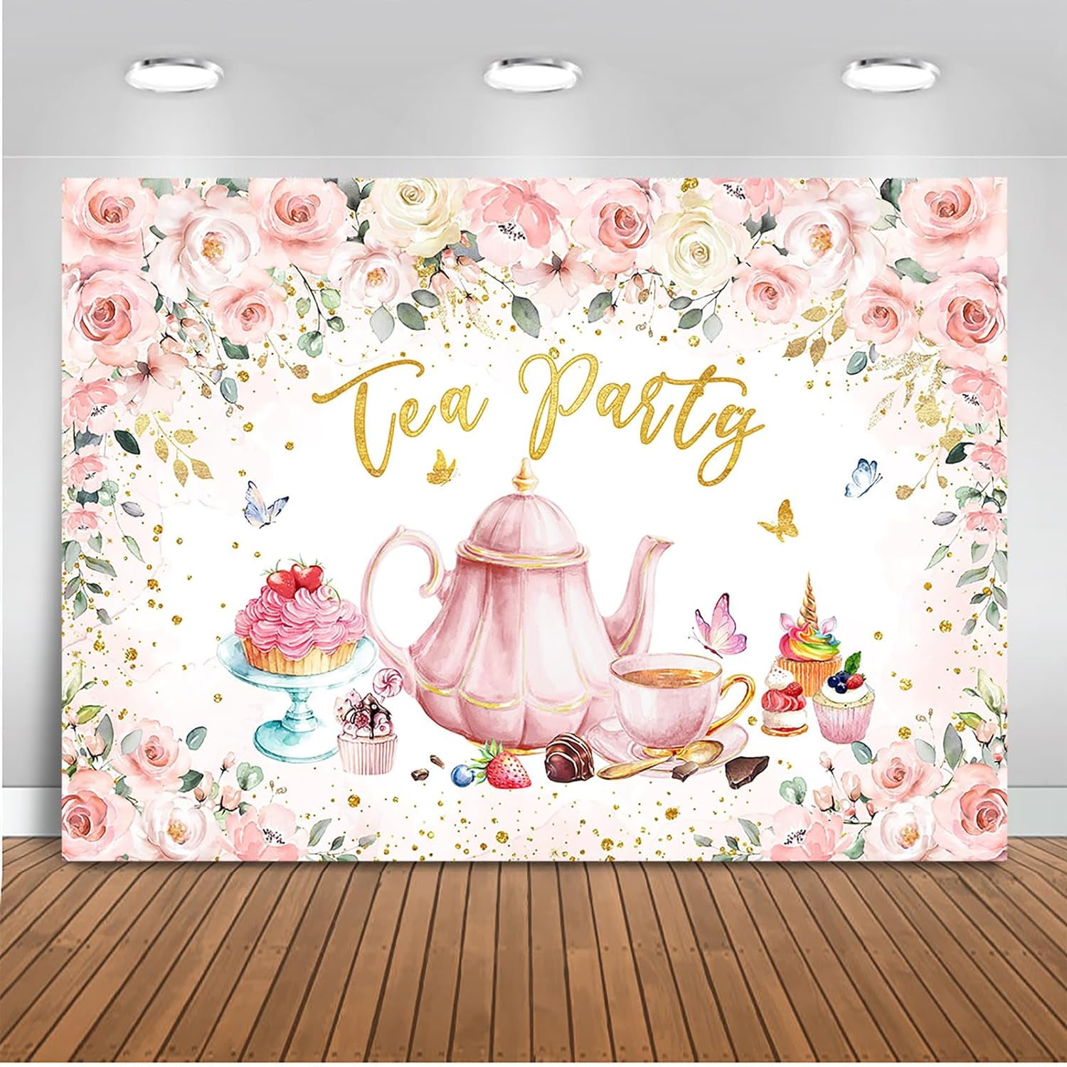 Tea Party Backdrop Let's Partea Wonderland Pink Floral Birthday Baby ...