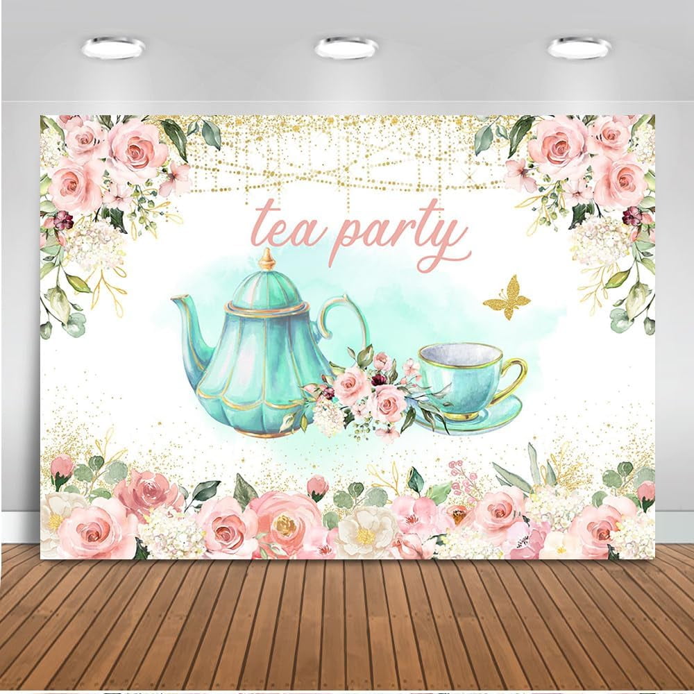 Tea Party Backdrop Let's Partea Wonderland Pink Floral Birthday Baby ...