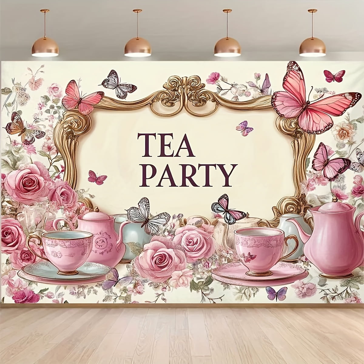 Tea Party Backdrop Let's Partea Wonderland Pink Floral Butterfly ...