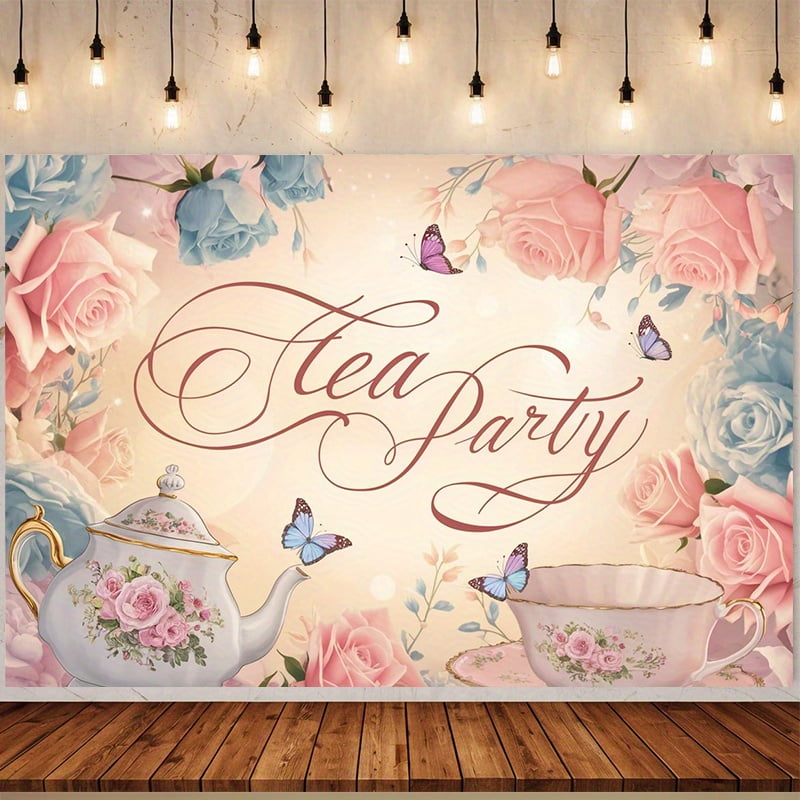 Tea Party Backdrop Let's Partea Wonderland Pink Roses Birthday Baby ...