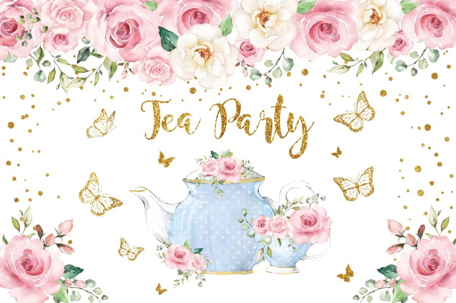 Tea Party Backdrop Pink Rose Floral Gold Butterfly Teapot Let's Partea ...