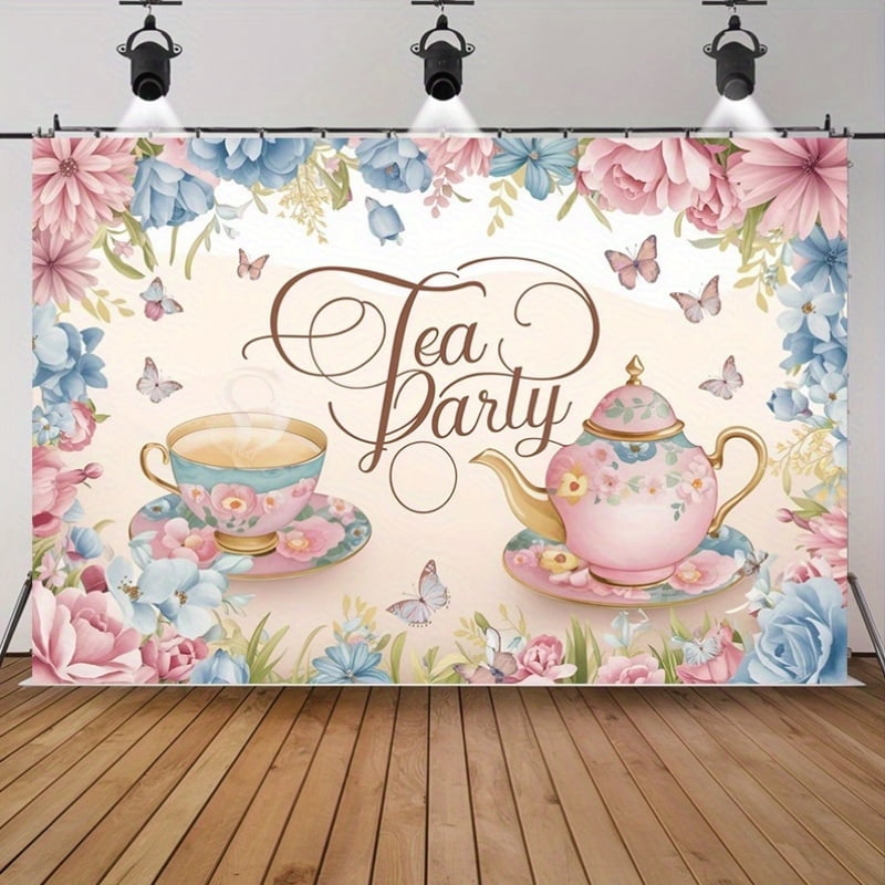 Tea Party Backdrop Spring Pink Blue Floral Butterfly Tea Party ...