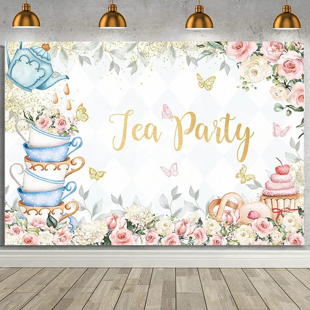 Tea Party Birthday Backdrops Let's Partea Pink Floral Tea Photography ...