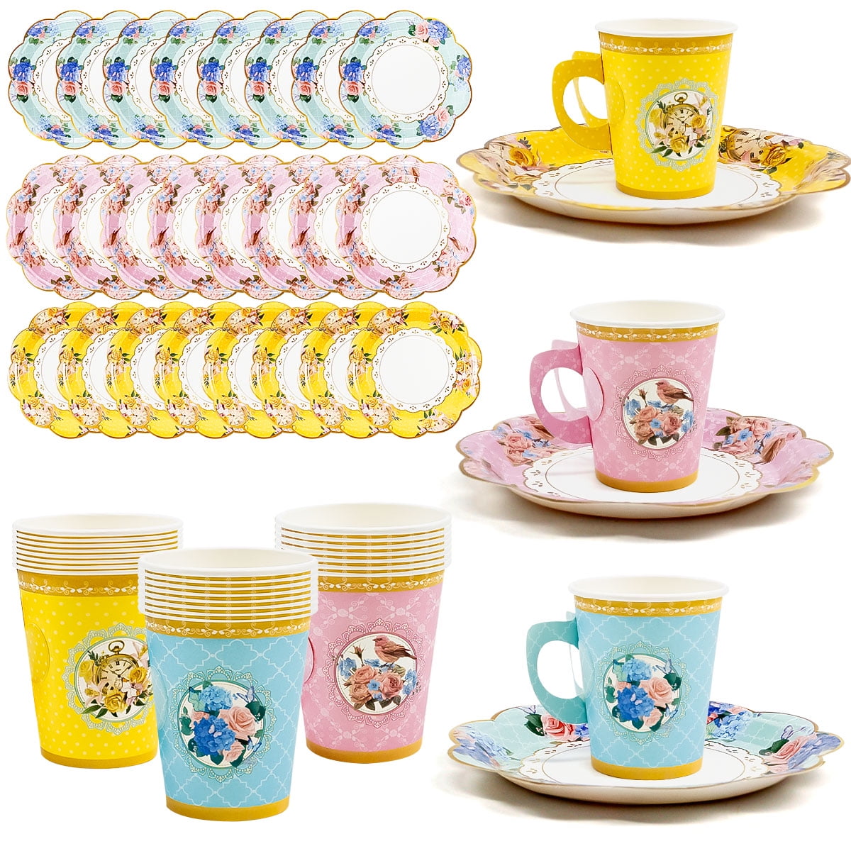 Tea Party Decorations - 7OZ Disposable Tea Cups with Handles & Saucers ...