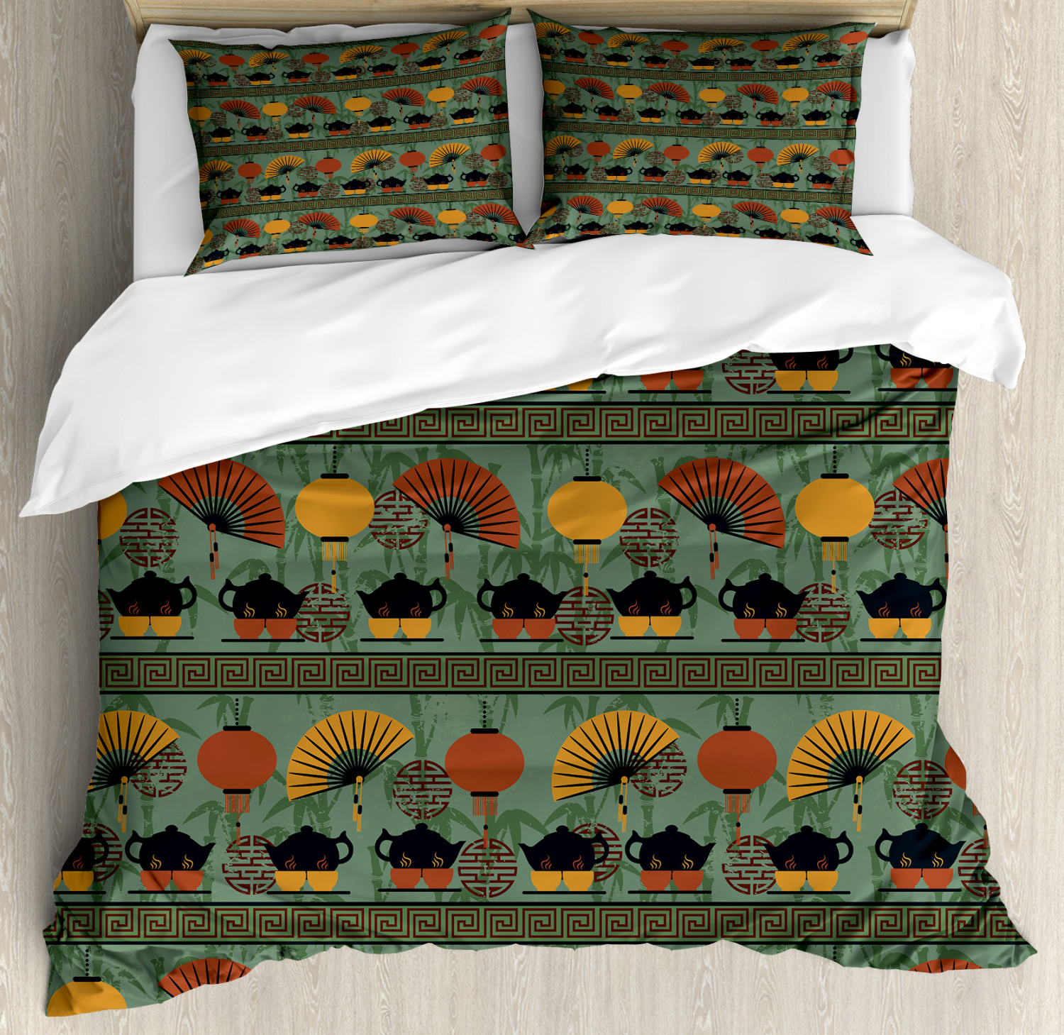 Tea Party Duvet Cover Set Queen Size, Asian Ethnicity Theme Grunge ...