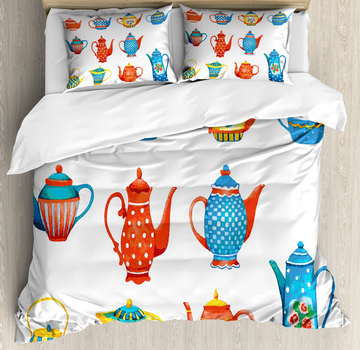 Tea Party Duvet Cover Set Queen Size, Colorful Teapots Various Shapes ...