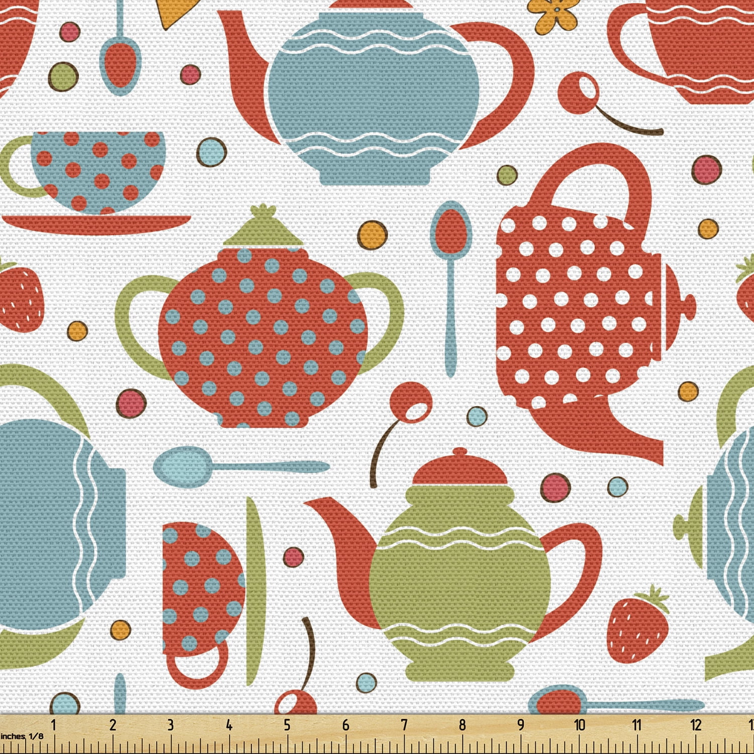 Ambesonne Tea Party Fabric by the Yard Upholstery, Pots Cups and Spoons ...
