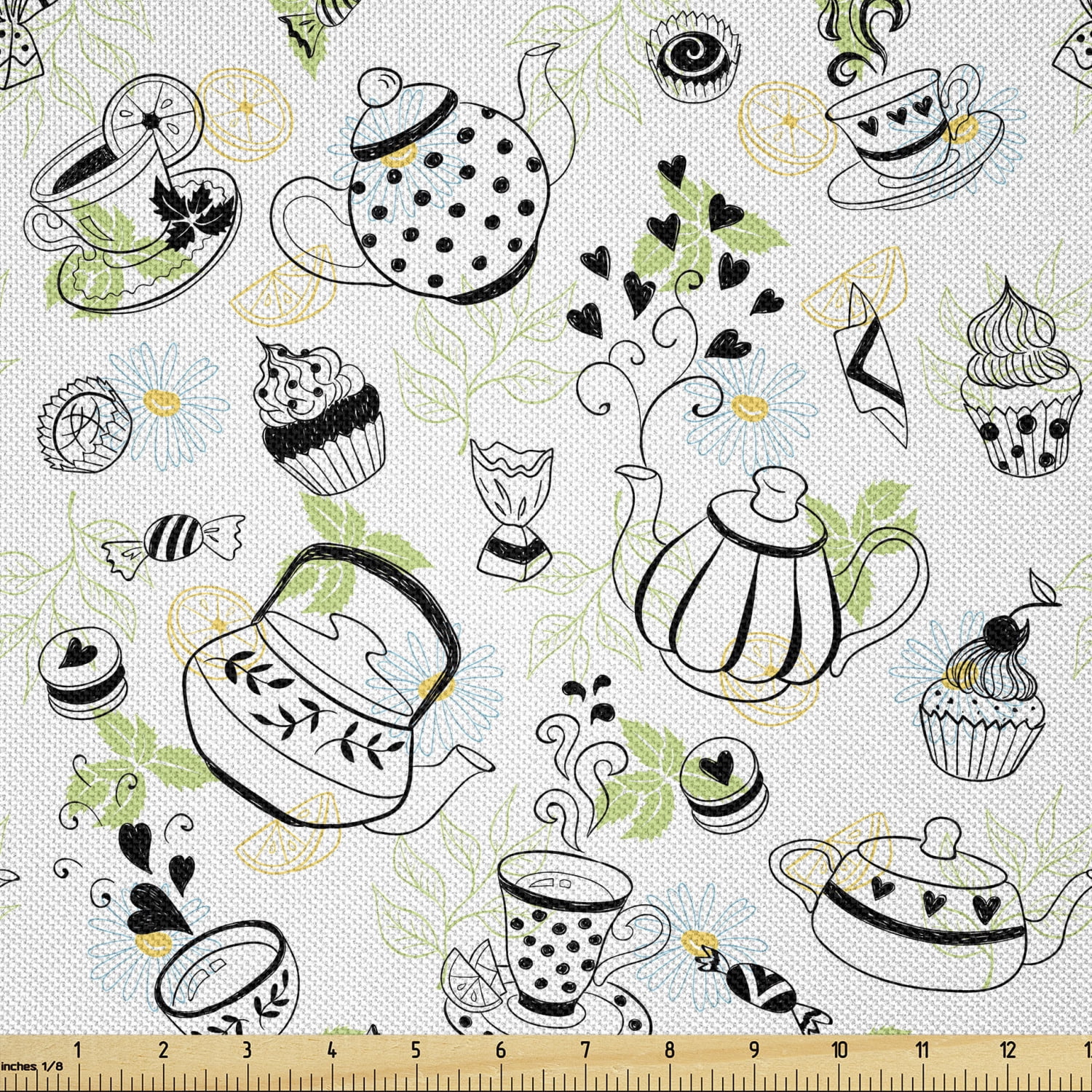 Tea Party Fabric by The Yard, Hand Drawn Doodle Style Teapots Cups and ...