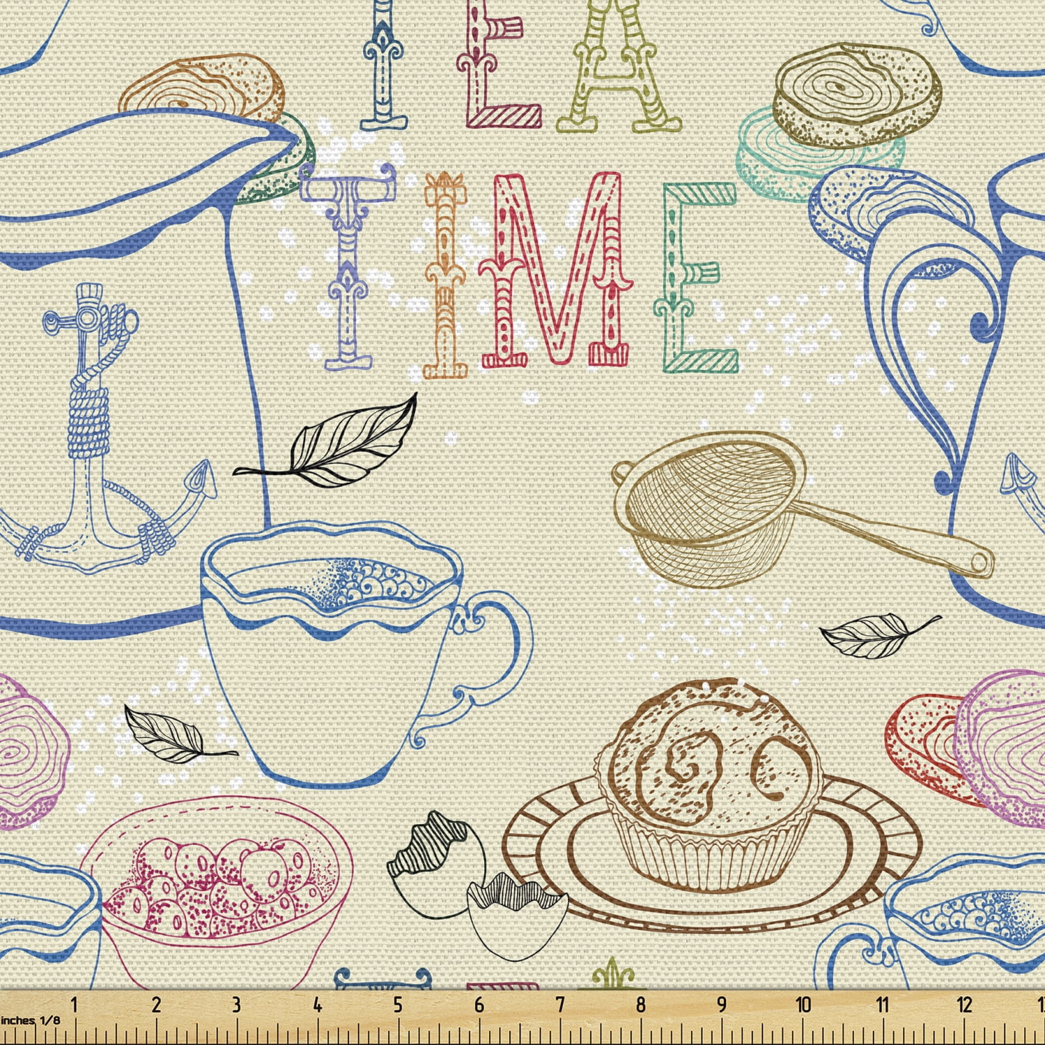 Ambesonne Tea Party Fabric by the Yard Upholstery, Kitchenware Sweets ...