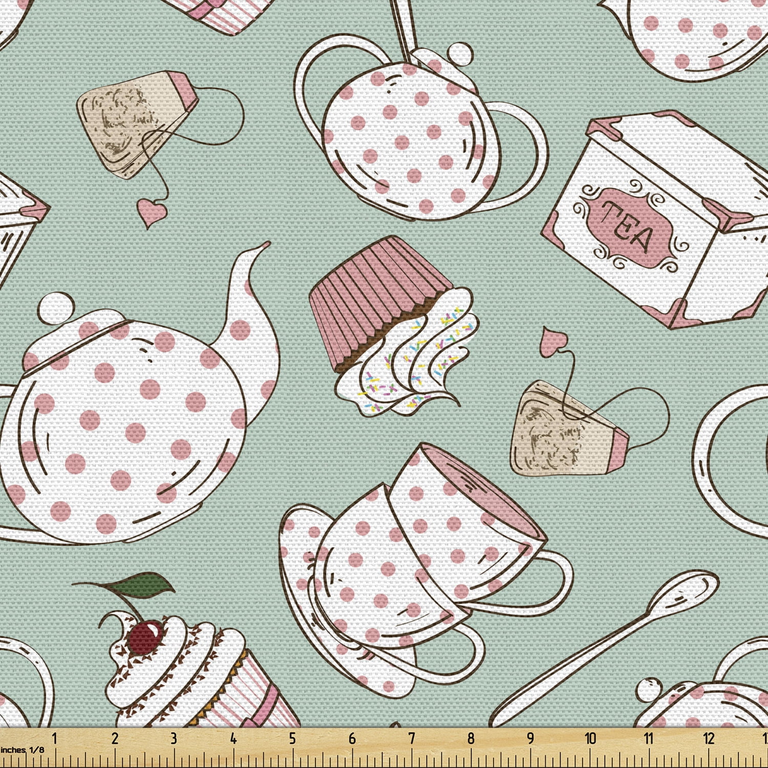 Ambesonne Tea Party Fabric by the Yard Upholstery, Dotted Pots and Cups ...
