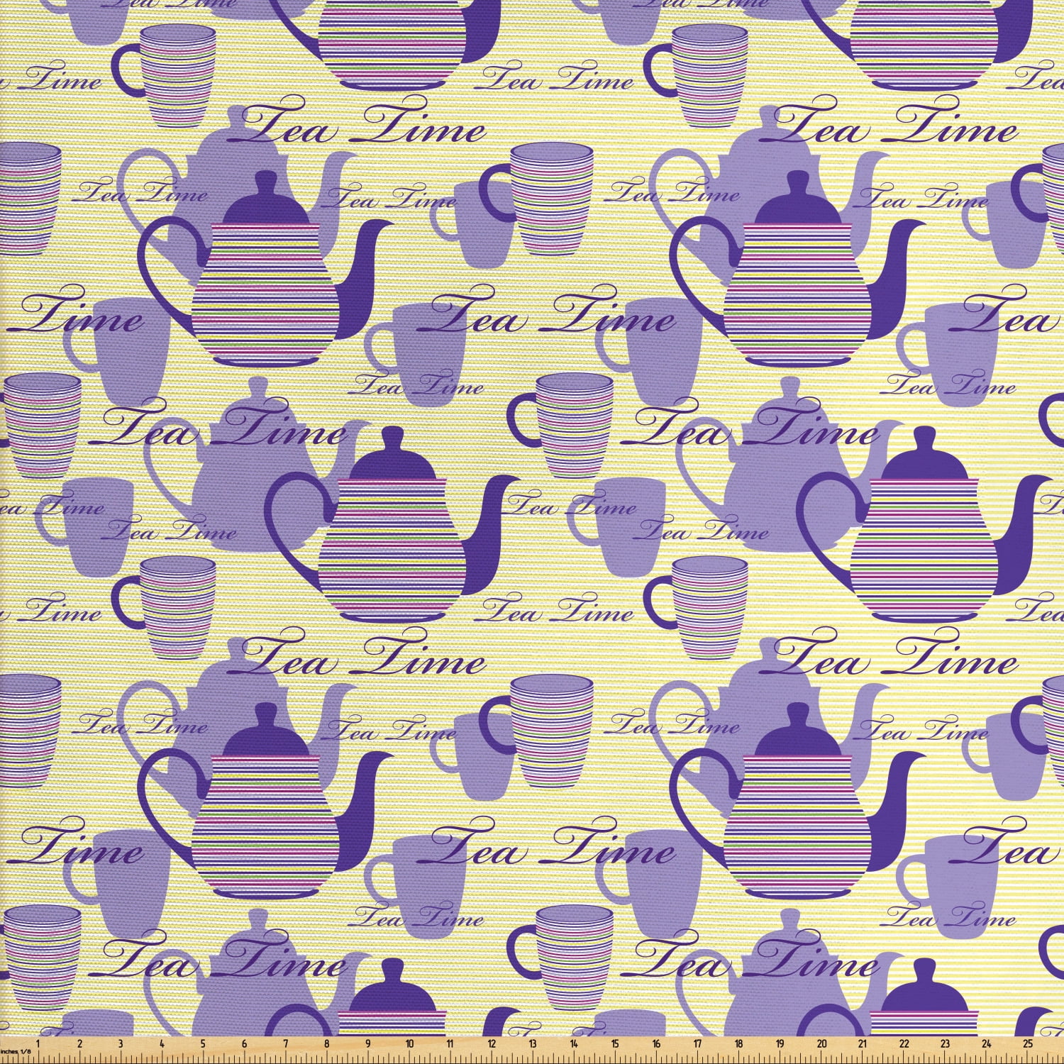 Ambesonne Tea Party Fabric by the Yard Upholstery, Striped Teapots Cups ...