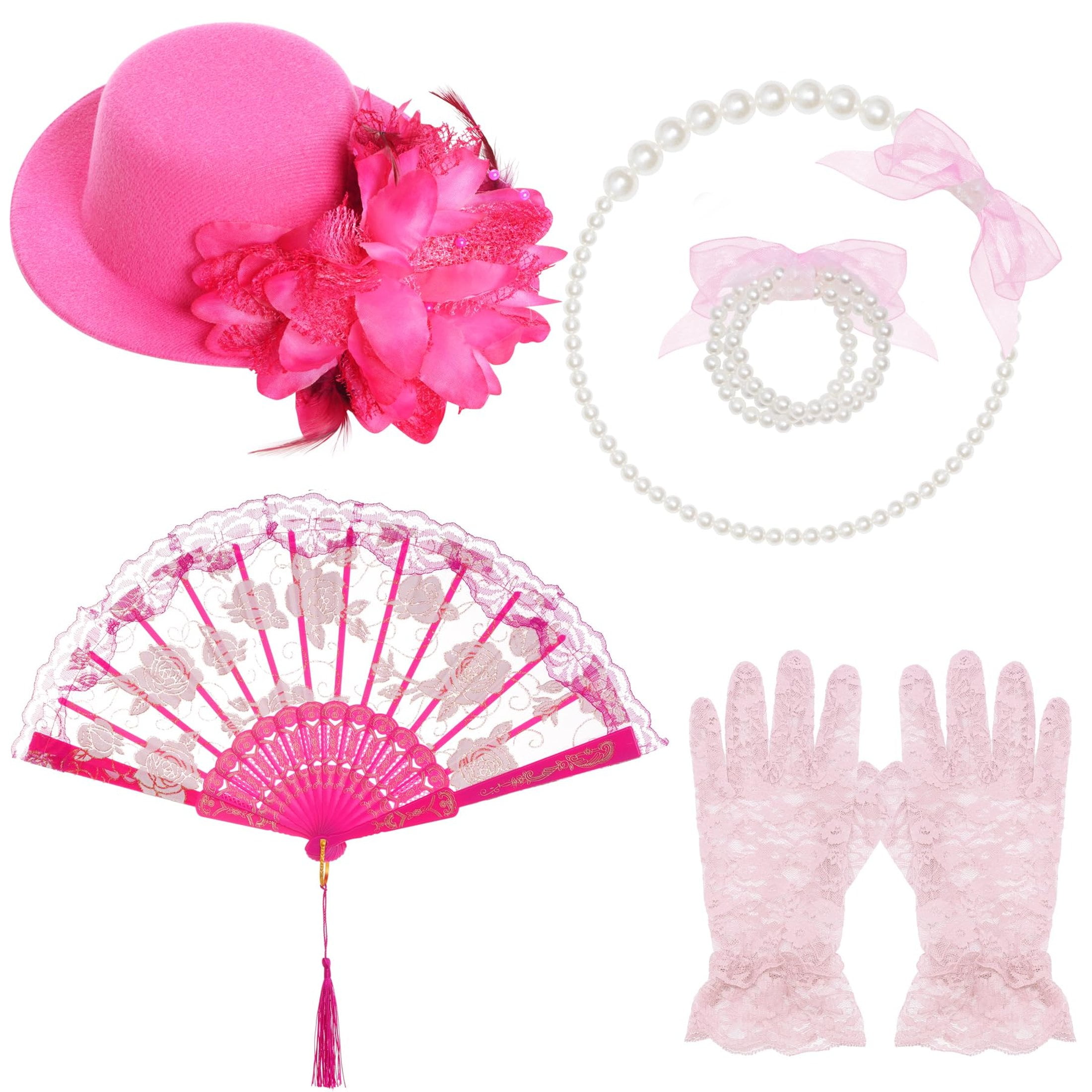 Tea Party Fun Pack: Gloves, Hats, Necklace, Fan - 5-Piece Set for Girls ...