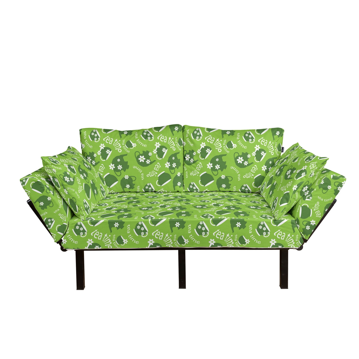 Tea Party Futon Couch, Tea Time Theme with Teapots and Cups Blooming ...
