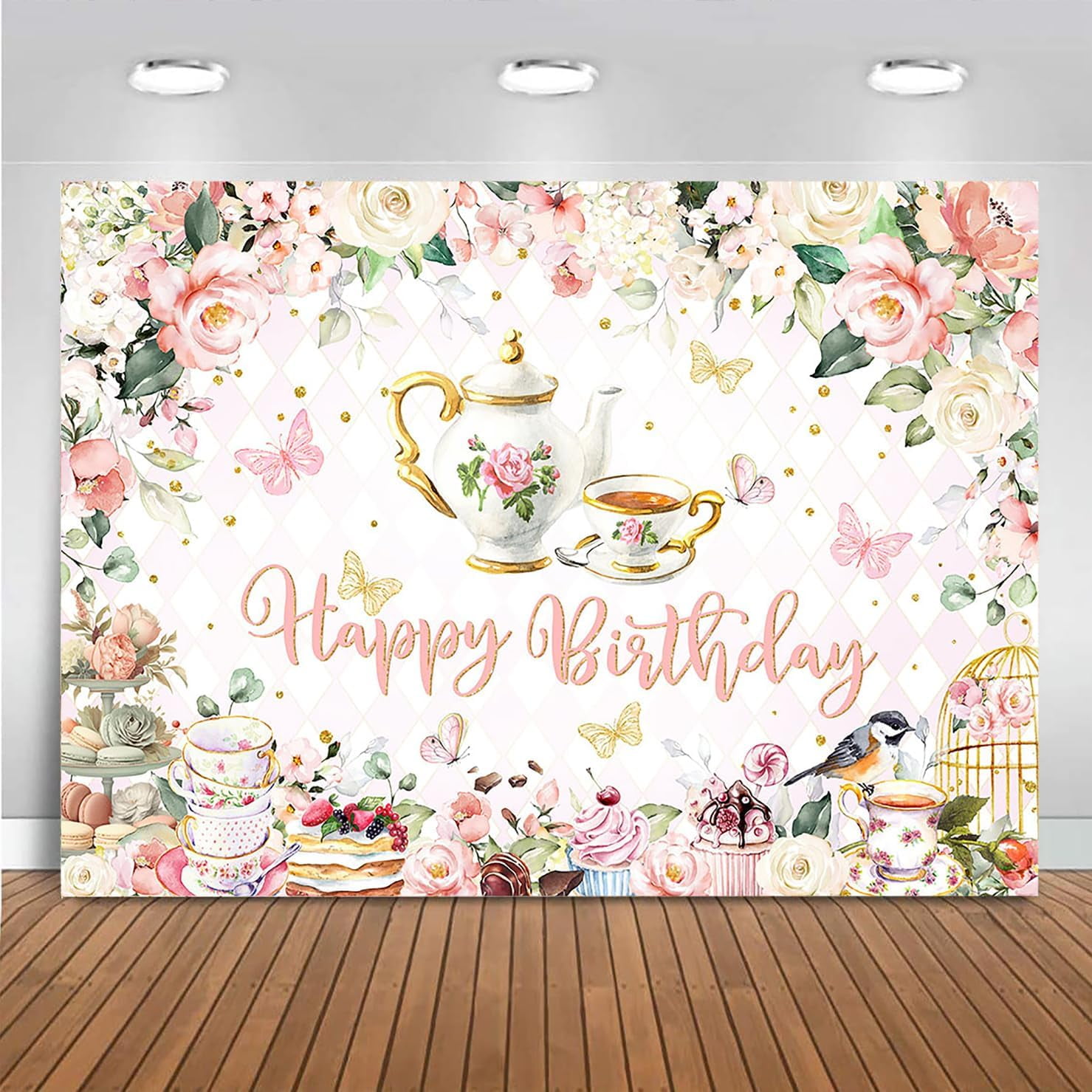 Tea Party Happy Birthday Backdrop Floral Dessert Tea Party Birthday ...