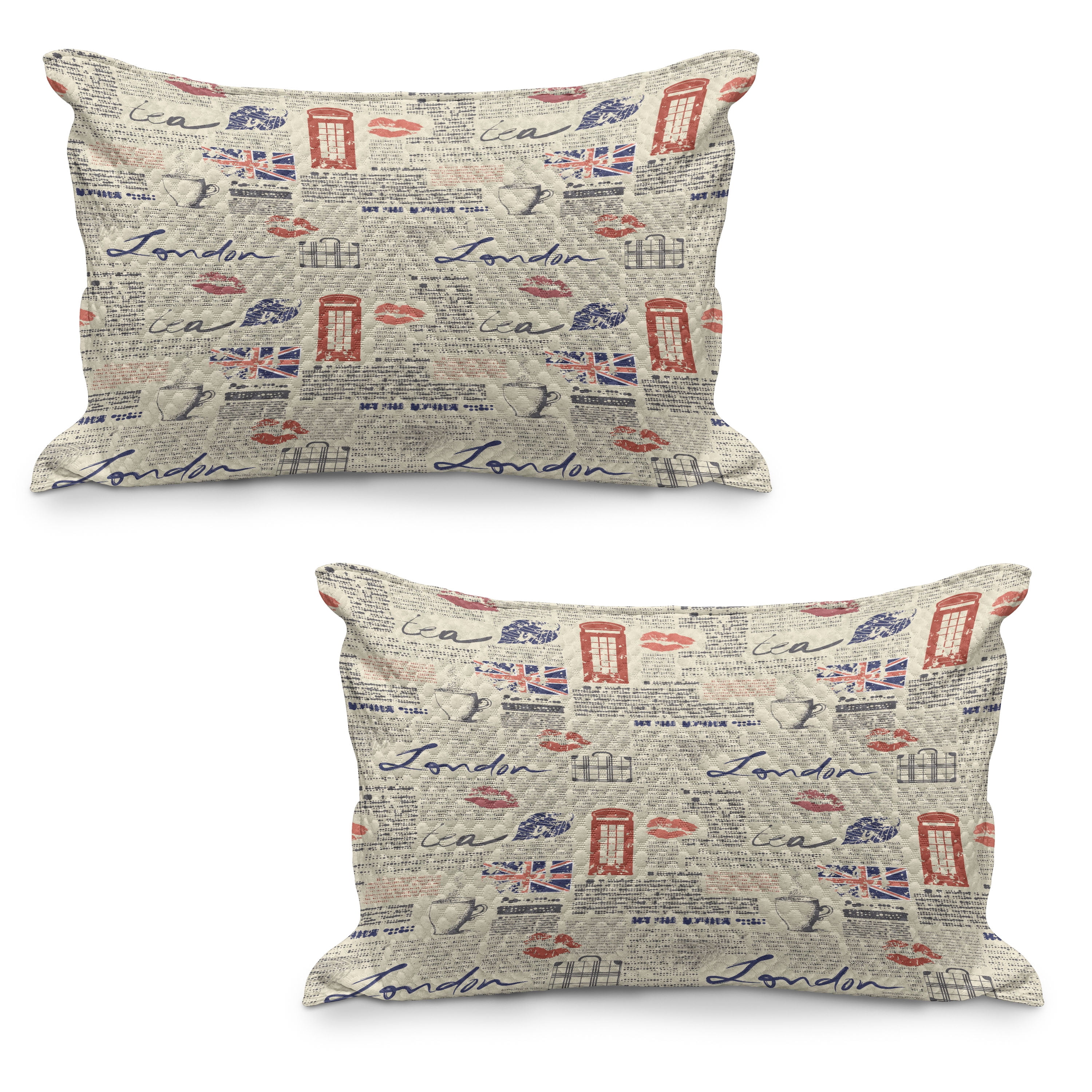 Tea Party Quilted Pillowcover Set of 2, London Newspaper Inspired ...
