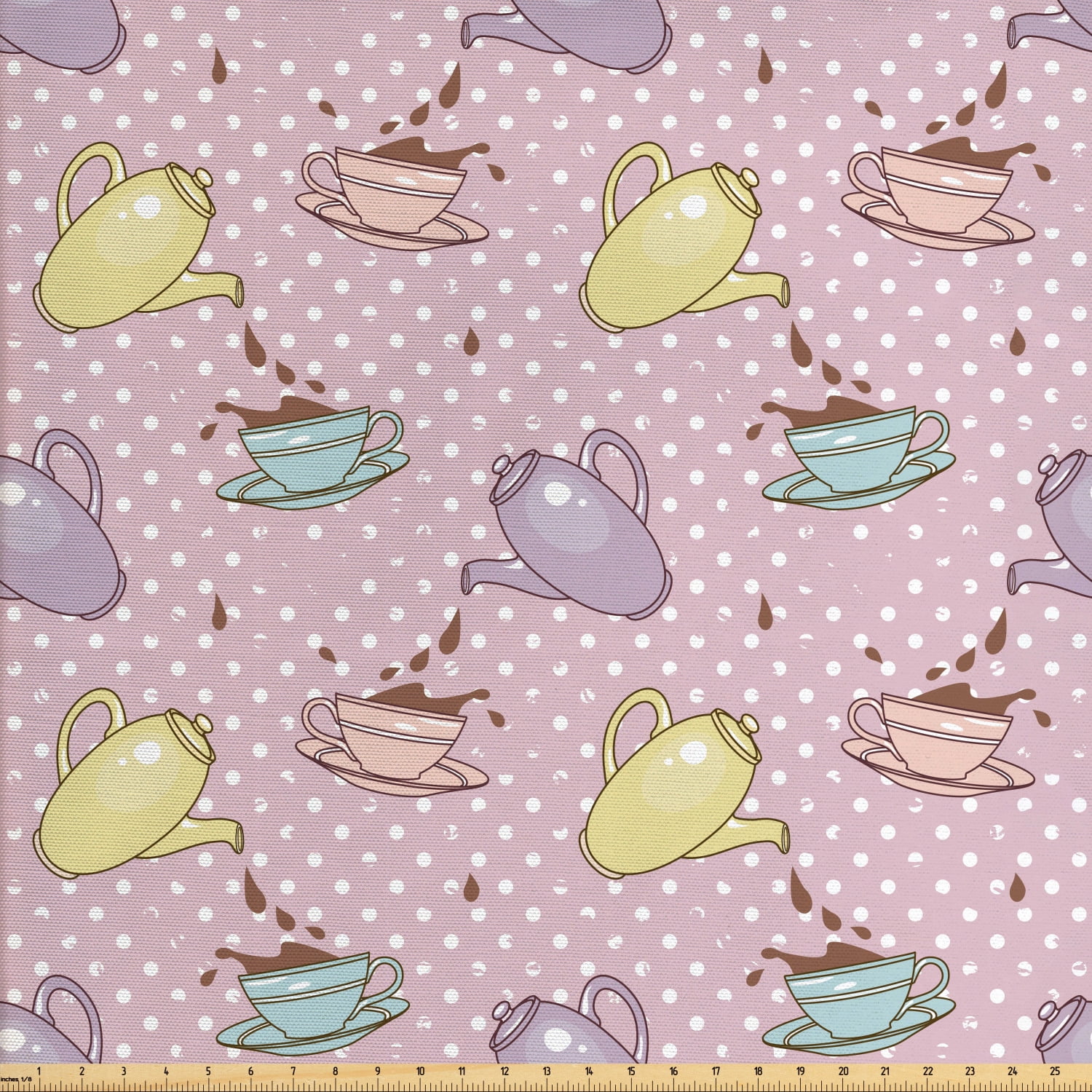 Ambesonne Tea Party Fabric by the Yard Upholstery, Polka Dotted Pot ...