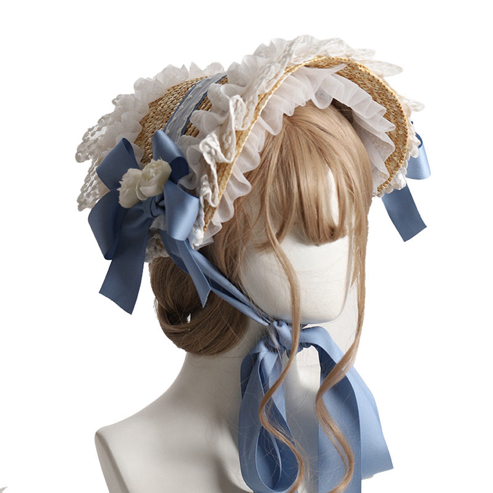 Tea Party Sun Hat Straw Plaited Lace Ribbon Tie Flowers Cute Women's ...