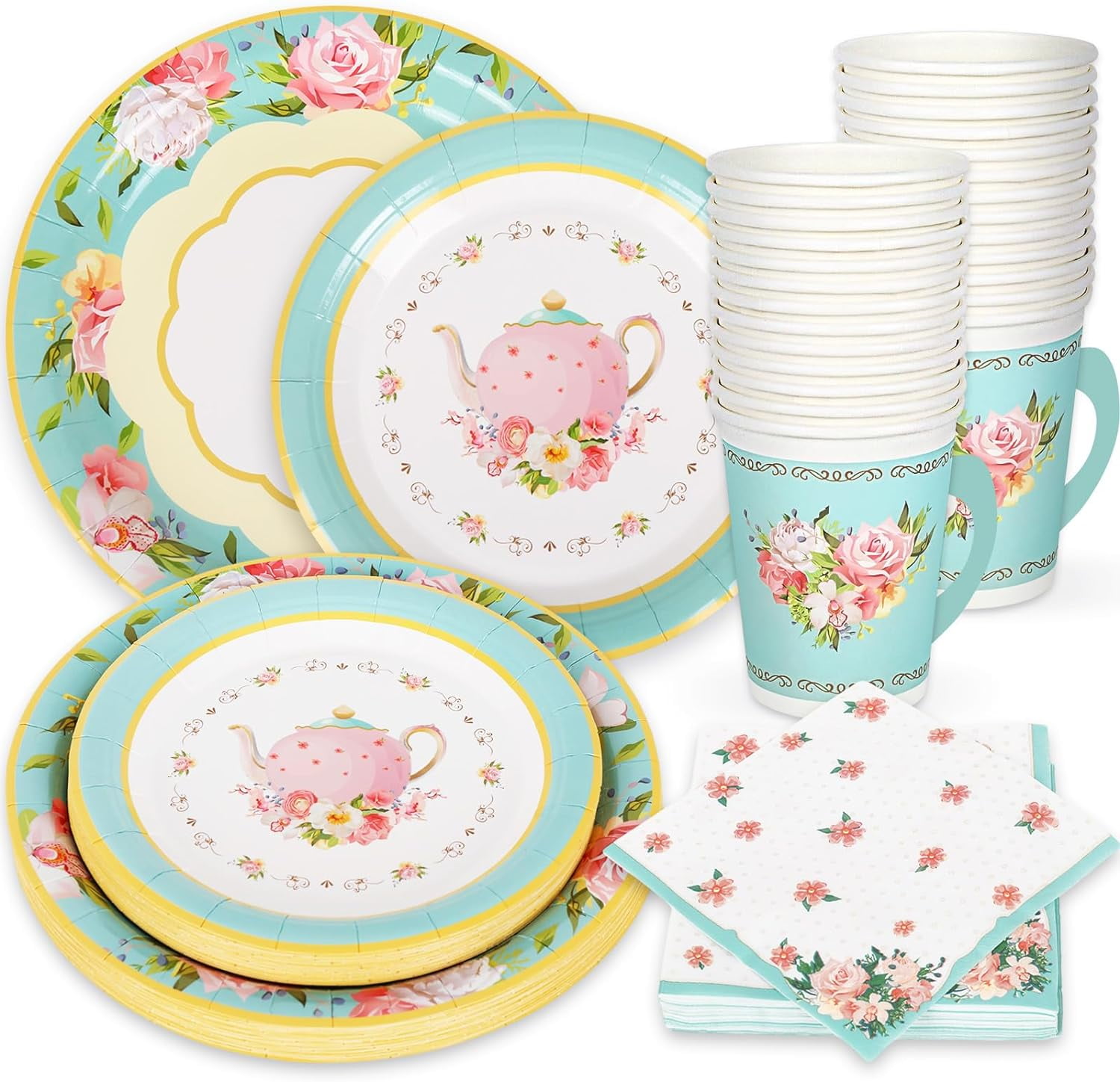 Tea Party Tableware Supplies Serves 24 Floral Tea Party Disposable ...
