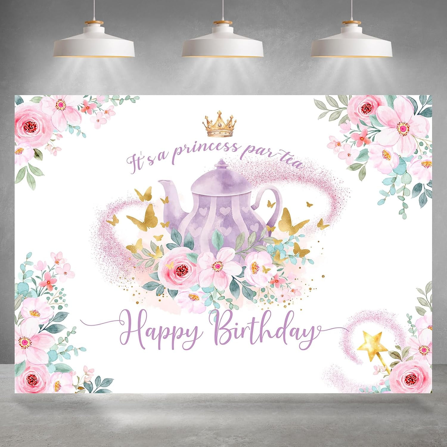 Tea Party Theme Happy Birthday Backdrop It's A Princess Partea Floral ...