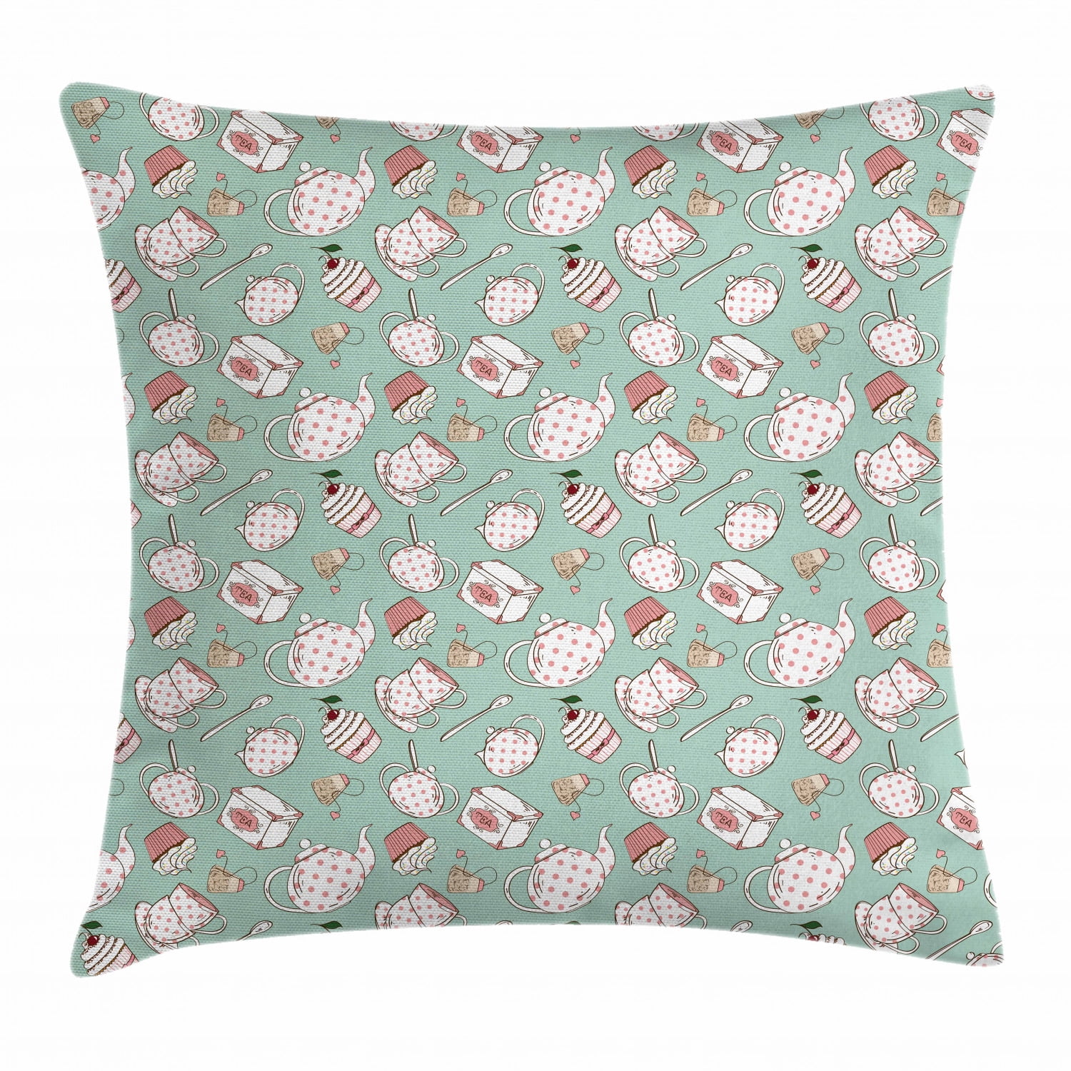 Tea Party Throw Pillow Cushion Cover, Polka Dots on Teapots and Cups ...