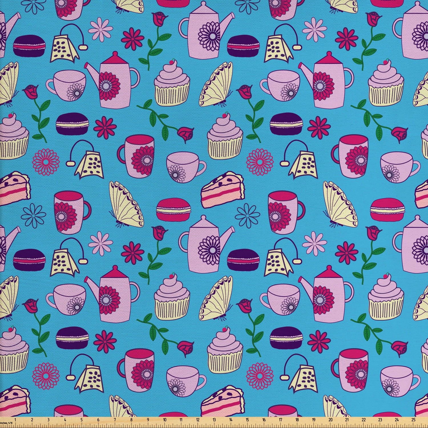Tea Party Upholstery Fabric by the Yard, Cup of Tea Bags Cupcake Garden ...