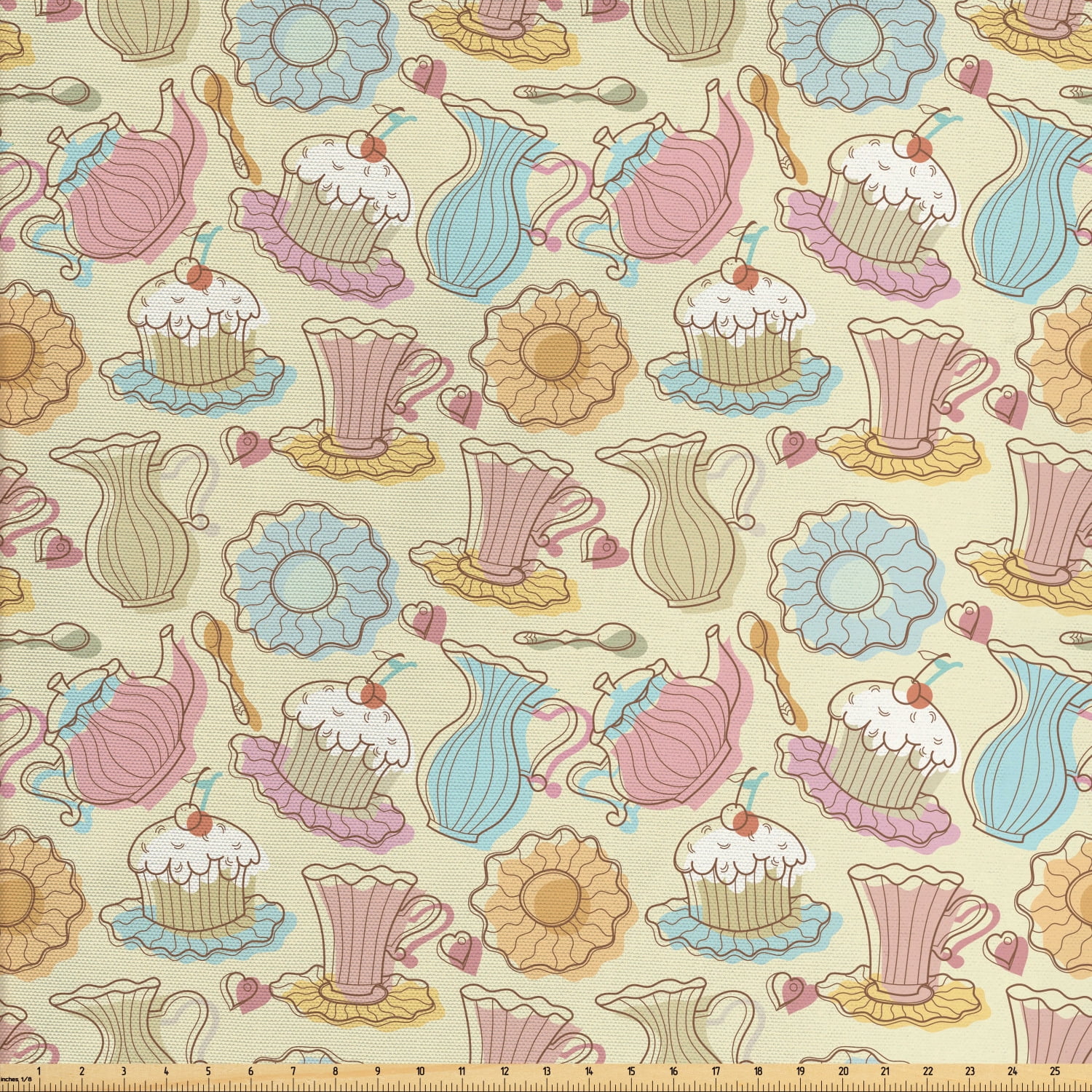 Tea Party Upholstery Fabric by the Yard, Old Fashioned Hand Drawing ...