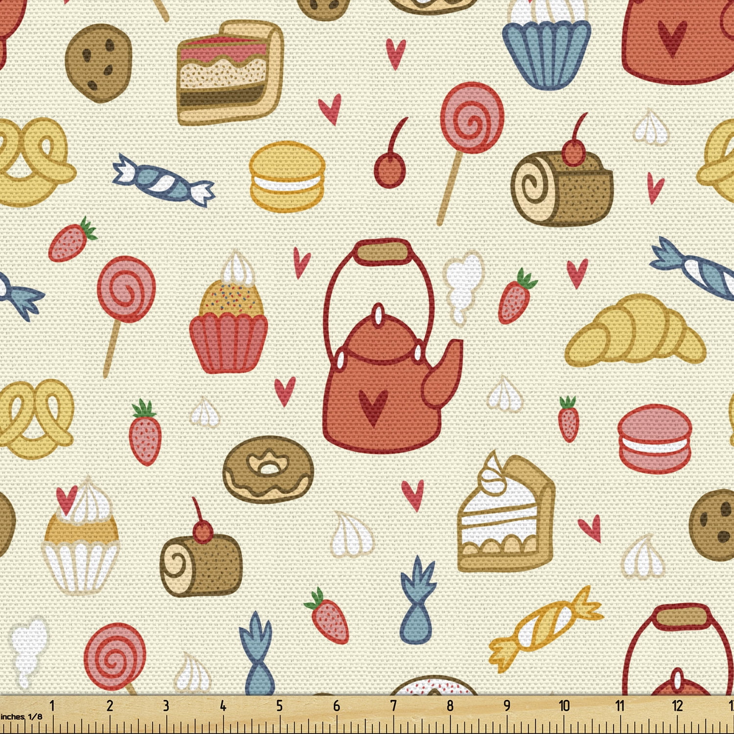 Ambesonne Tea Party Fabric by the Yard Upholstery, Teapot Cake Treat ...