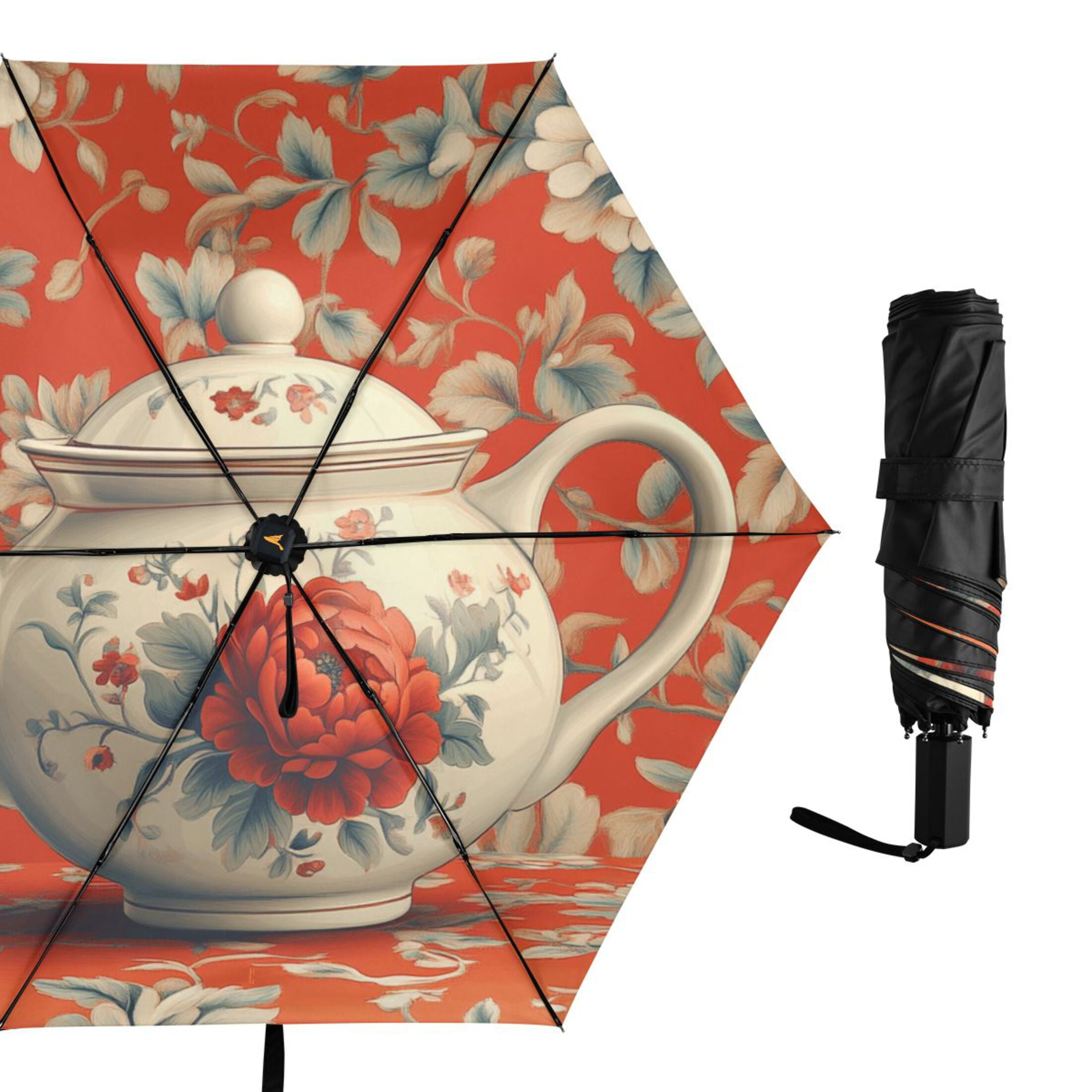 Tea Pot with Red Flowers Background Triple Folding Umbrella Parasol 6 ...