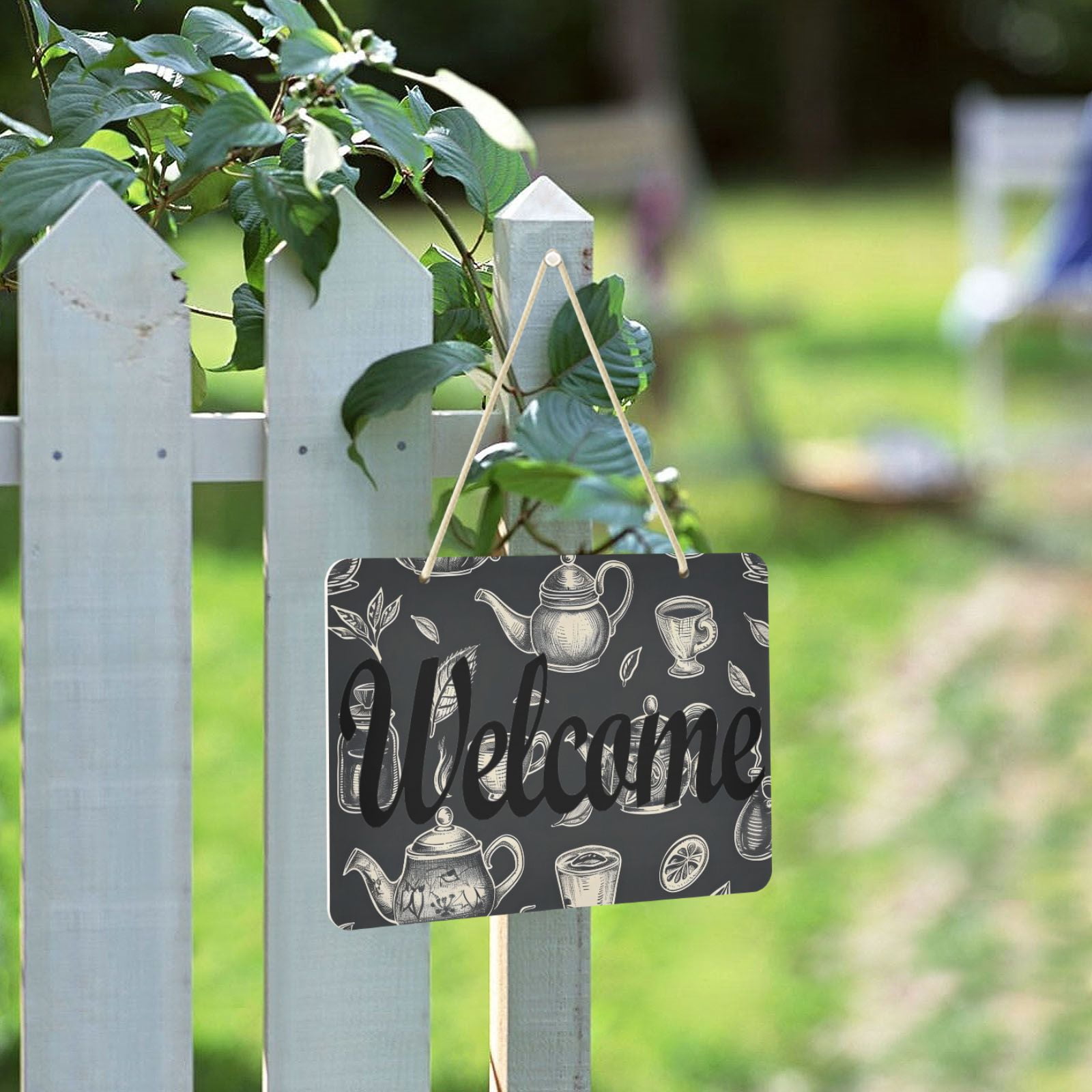 Tea Pots Cups Leaves Welcome Sign for Front Door Porch Wreath Door Sign ...