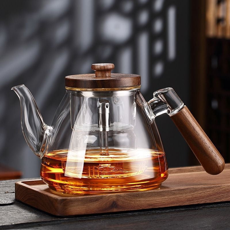 Tea Set Wooden Handle Glass Teapot Heat-Resistant Glass of Tea ...
