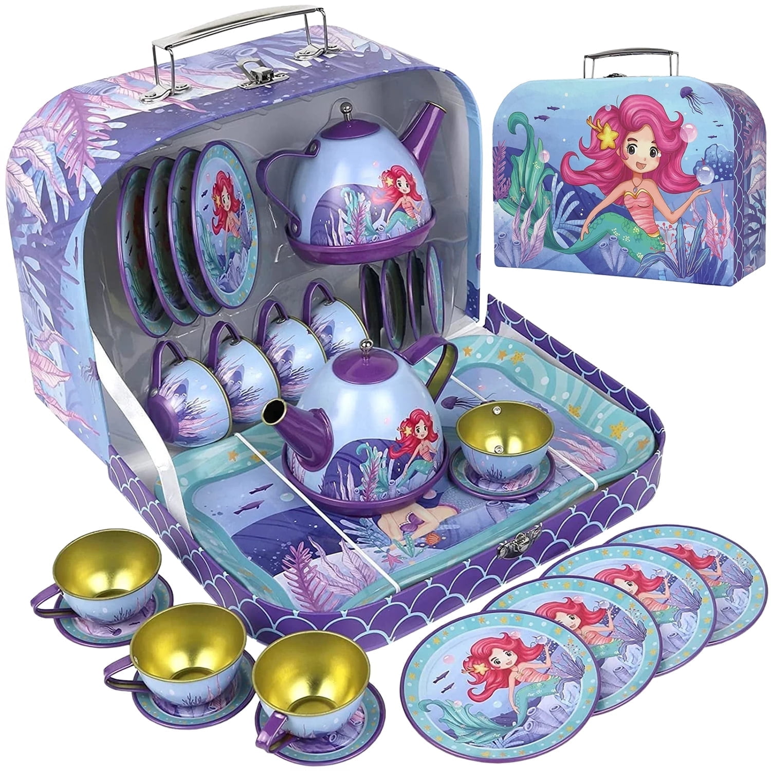 Tea Set for Little Girls, Pretend Play Tea Party Set, Mermaid Kids Tin ...