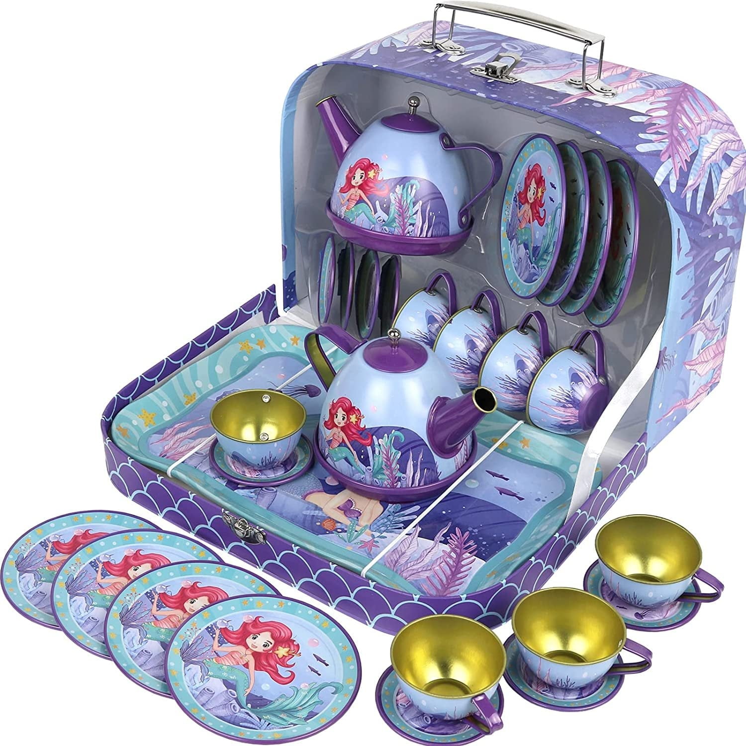 Tea Set for Little Girls, Pretend Play Tea Party Set, Mermaid Kids Tin Tea Set with Carrying ...